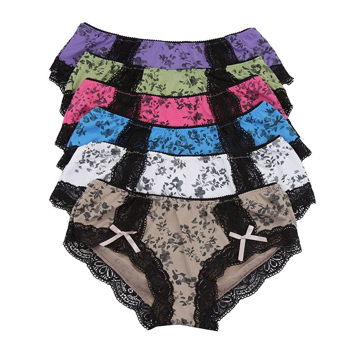 ToBeInStyle Women's Pack of 6 1960s Inspired Floral Briefs with Lace ...