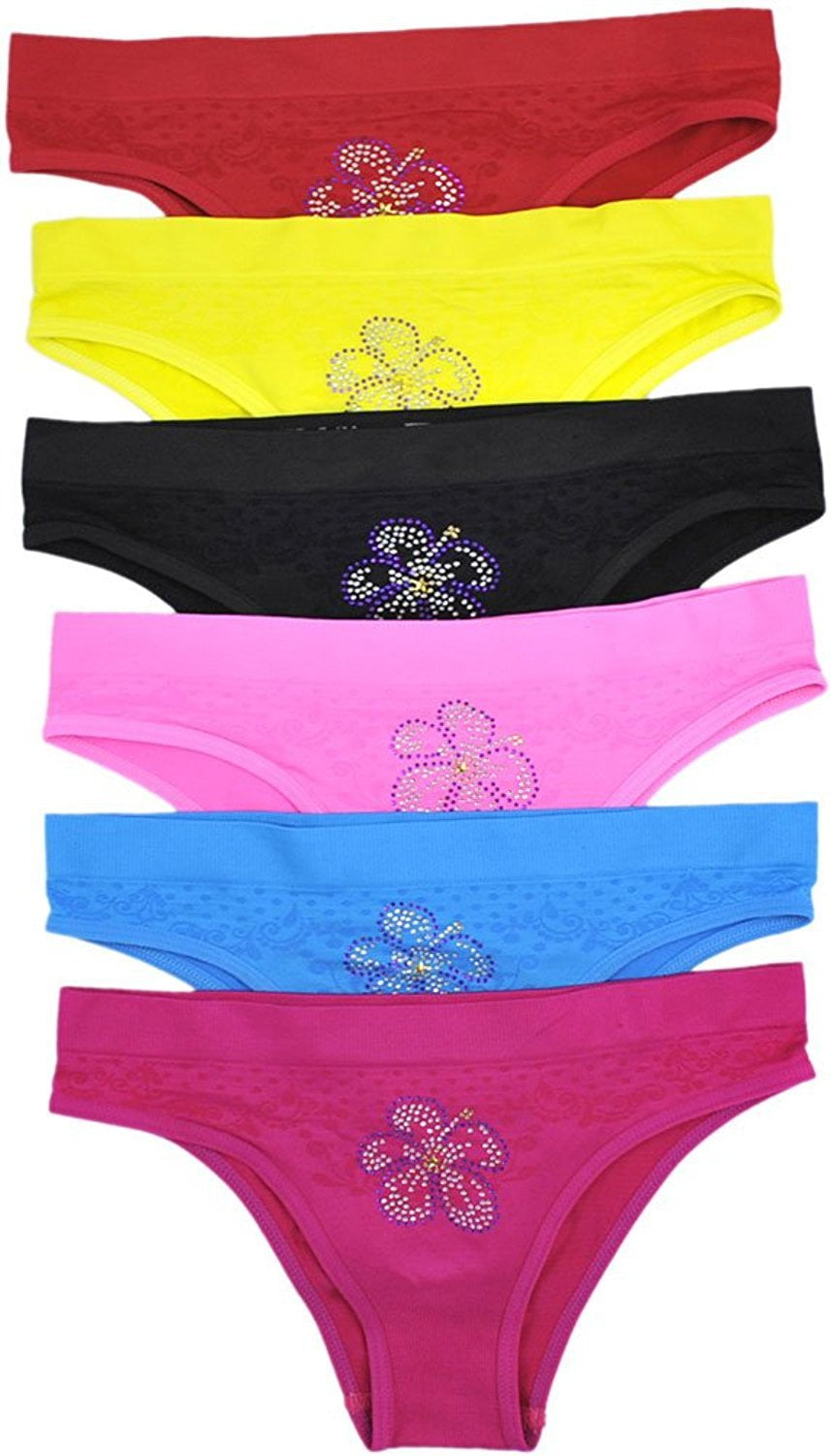 ToBeInStyle Women's Pack of 6 Bikini Briefs with Bedazzled Utama Flower ...