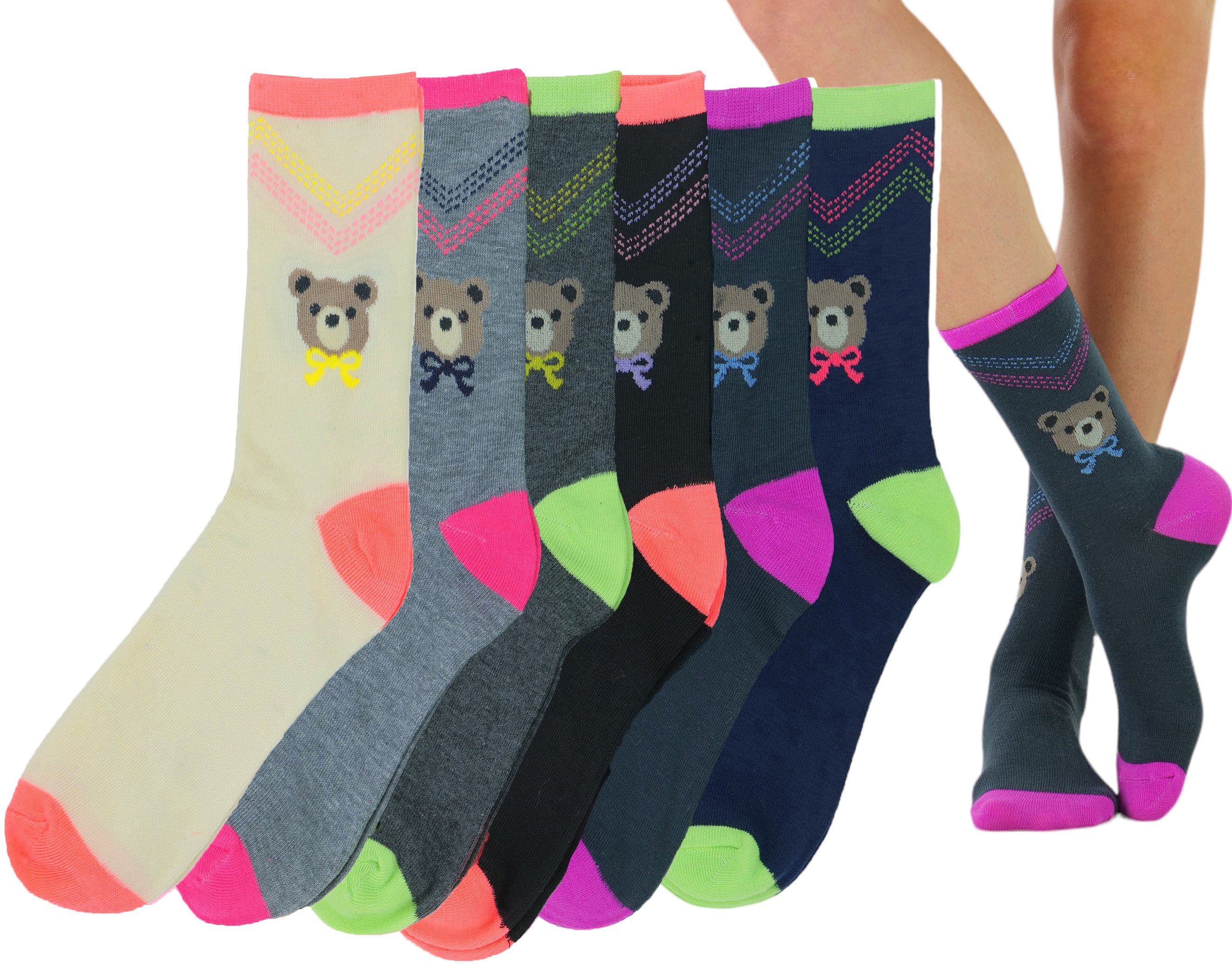 ToBeInStyle Women's Pack of 6 Fashion Printed Crew Sock - Teddy Bear ...