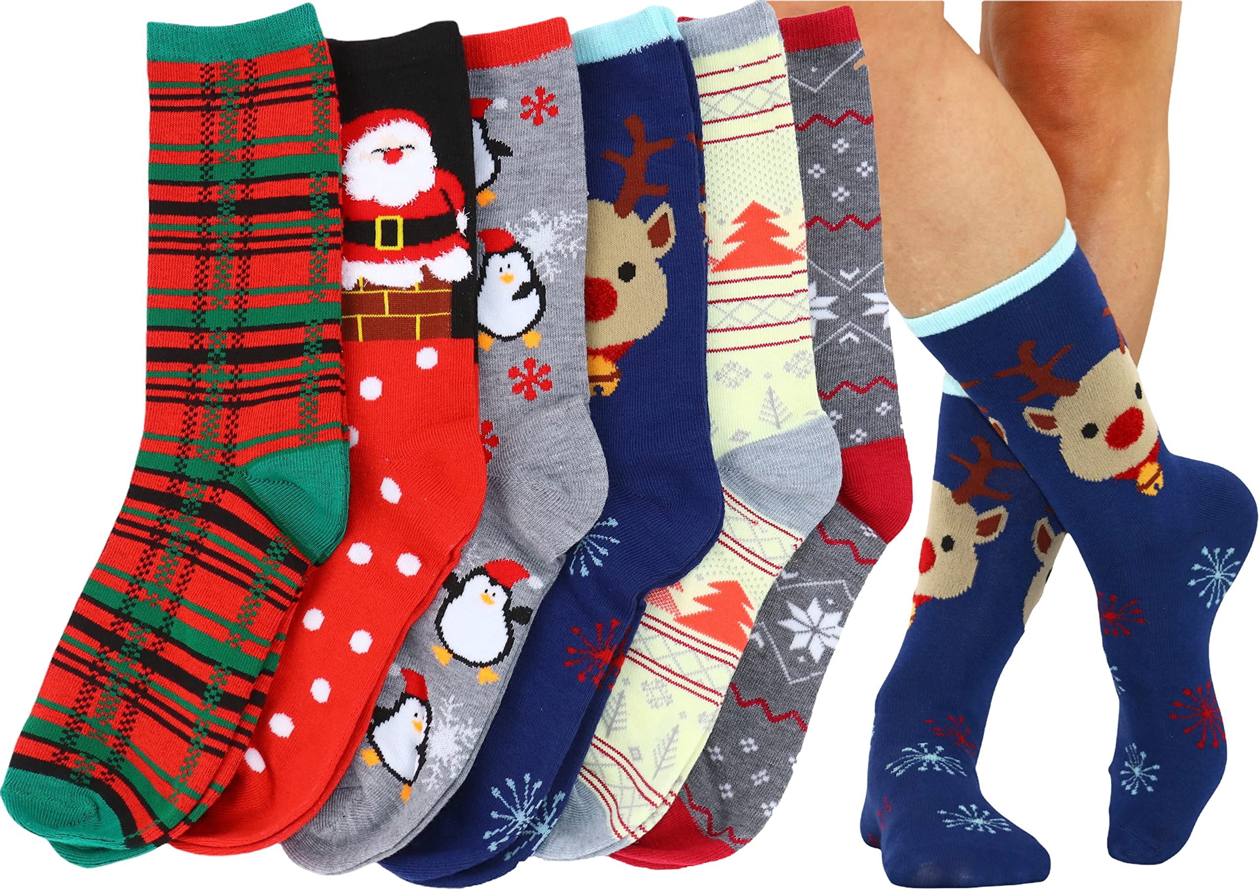 ToBeInStyle Women's Pack of 6 Fashion Printed Crew Sock - X-Mas Fun ...