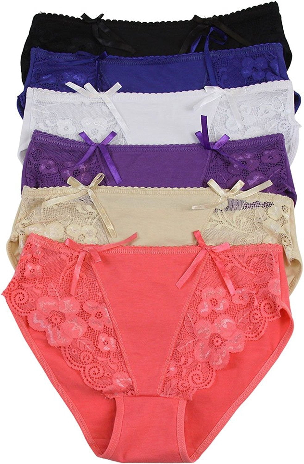 ToBeInStyle Women's Pack of 6 Floral Lace Trim Briefs with Bow Detail ...