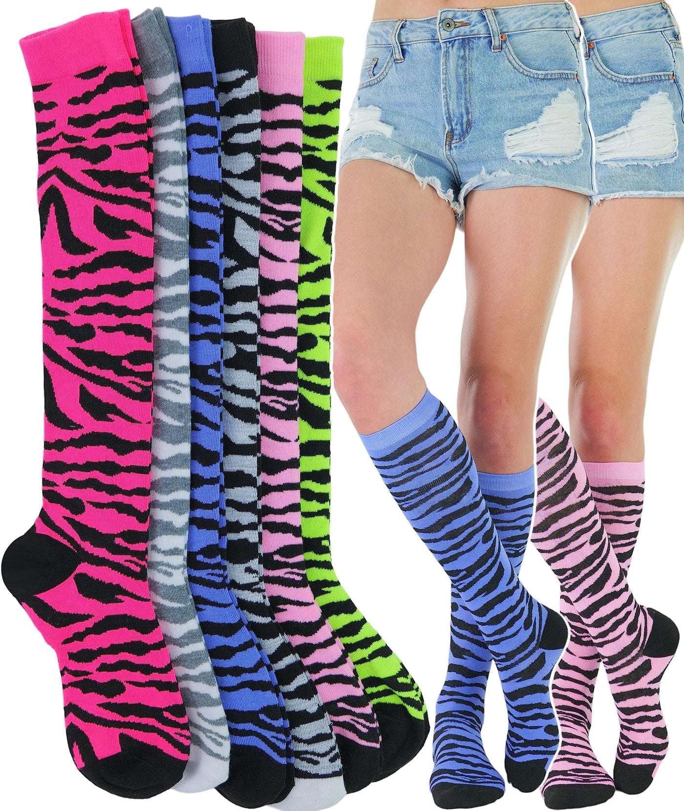 ToBeInStyle Women's Pack of 6 Knee High Socks - Assorted w/Zebra Stripe ...