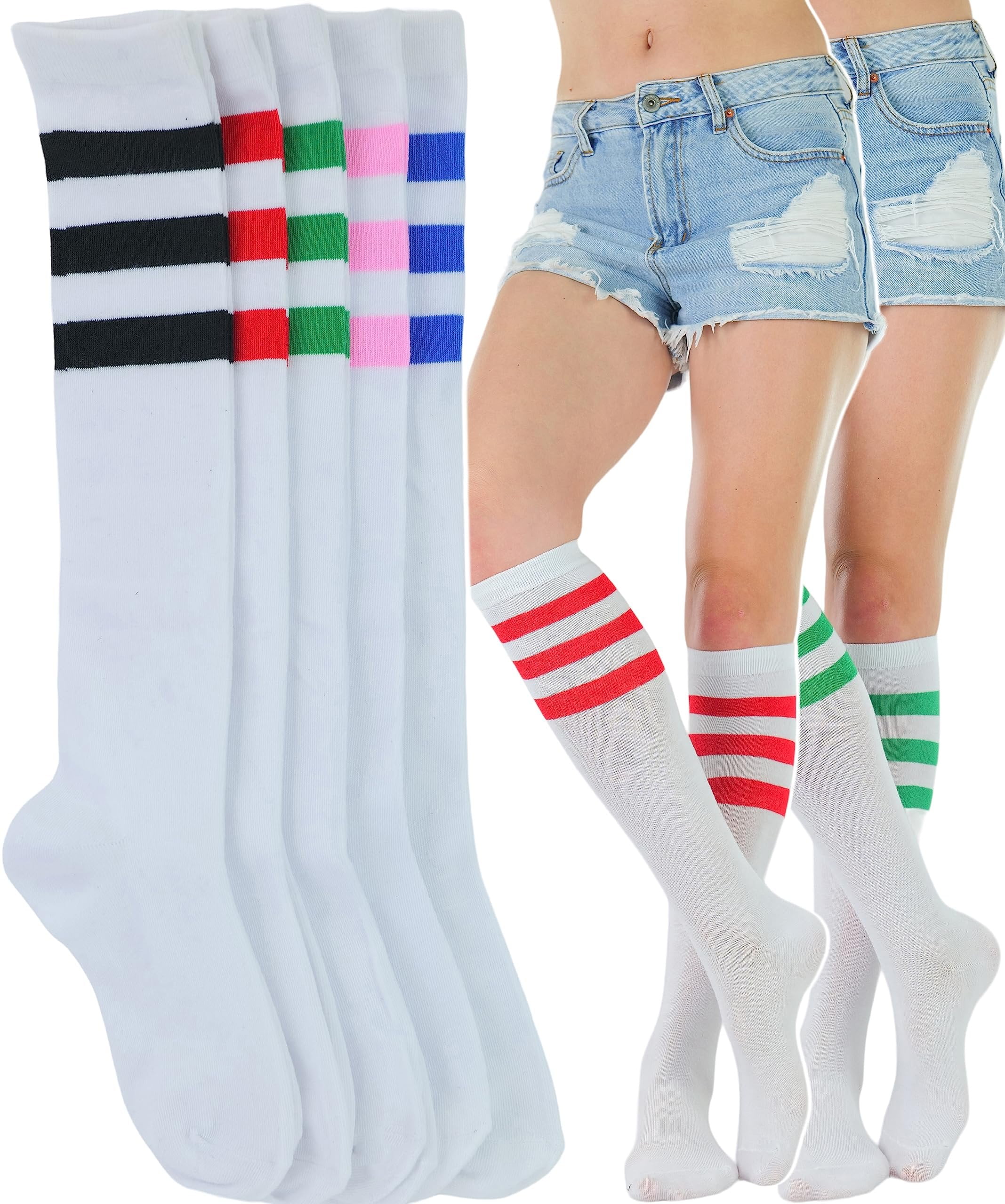ToBeInStyle Women's Pack of 6 Knee High Socks - Full Body White Socks ...