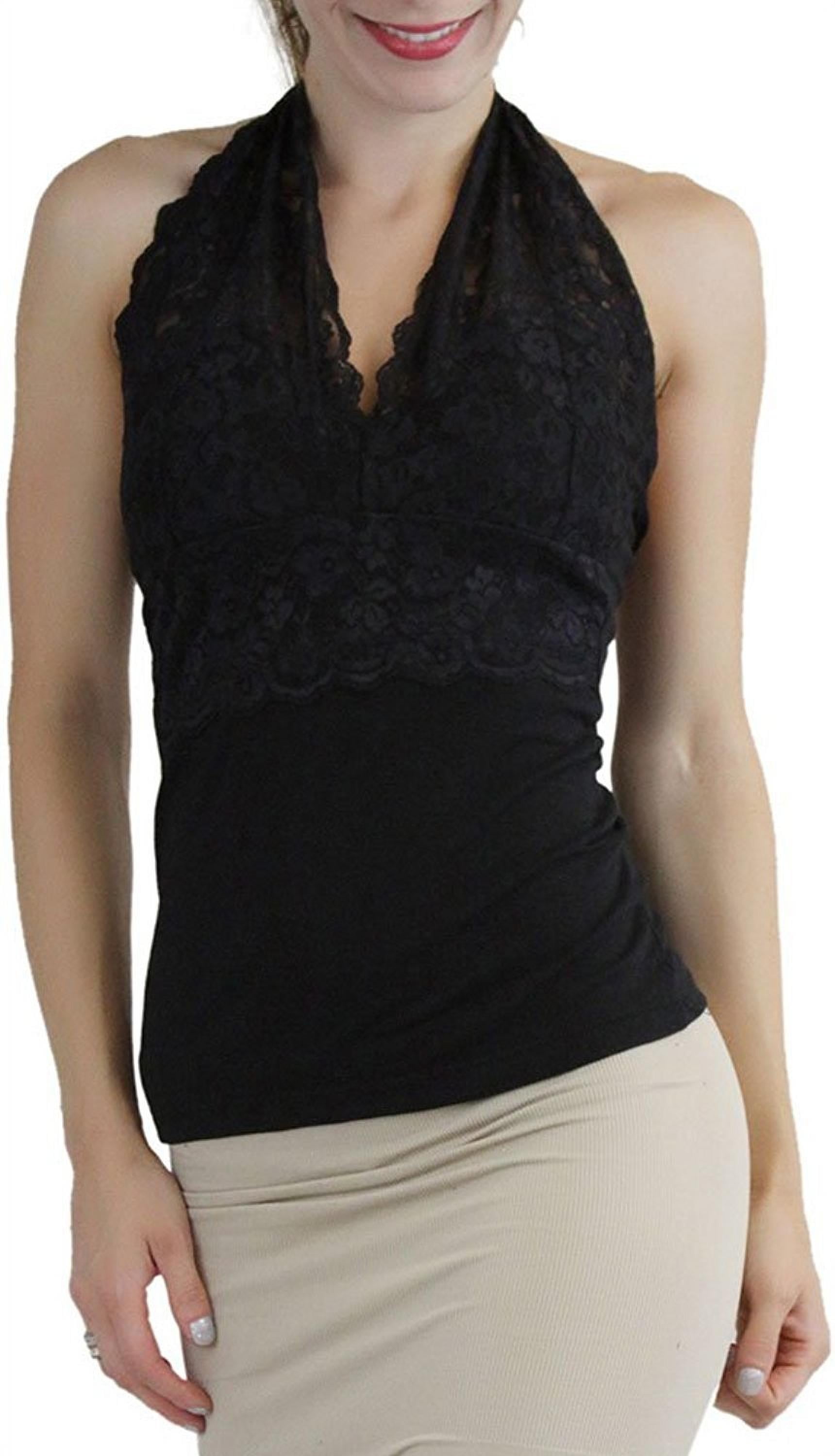 ToBeInStyle Women's Padded Floral Lace Accent V-Neck Halter Style Top ...