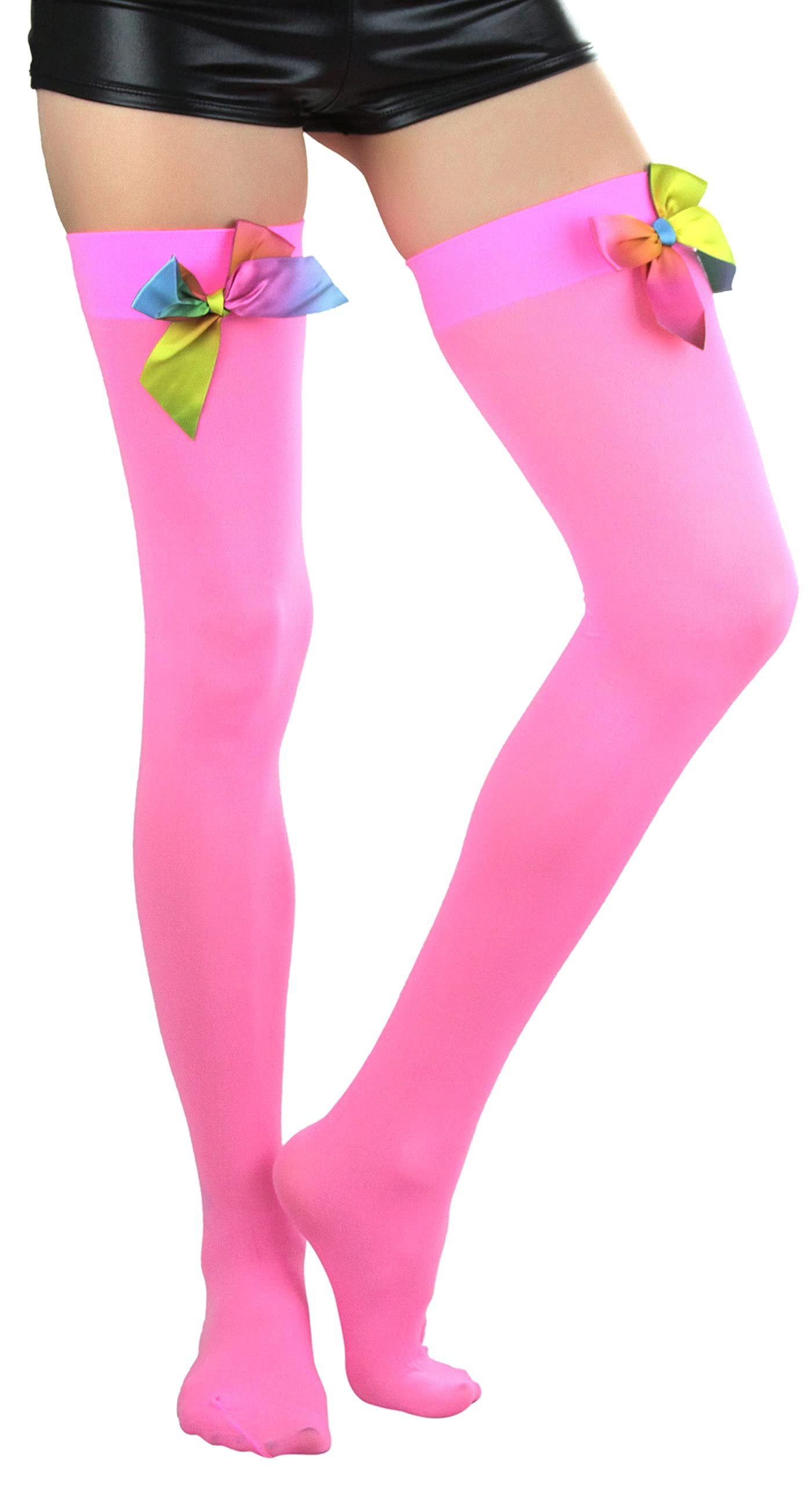 ToBeInStyle Women's Rainbow Satin Bow Opaque Thigh Highs - Pink - One ...