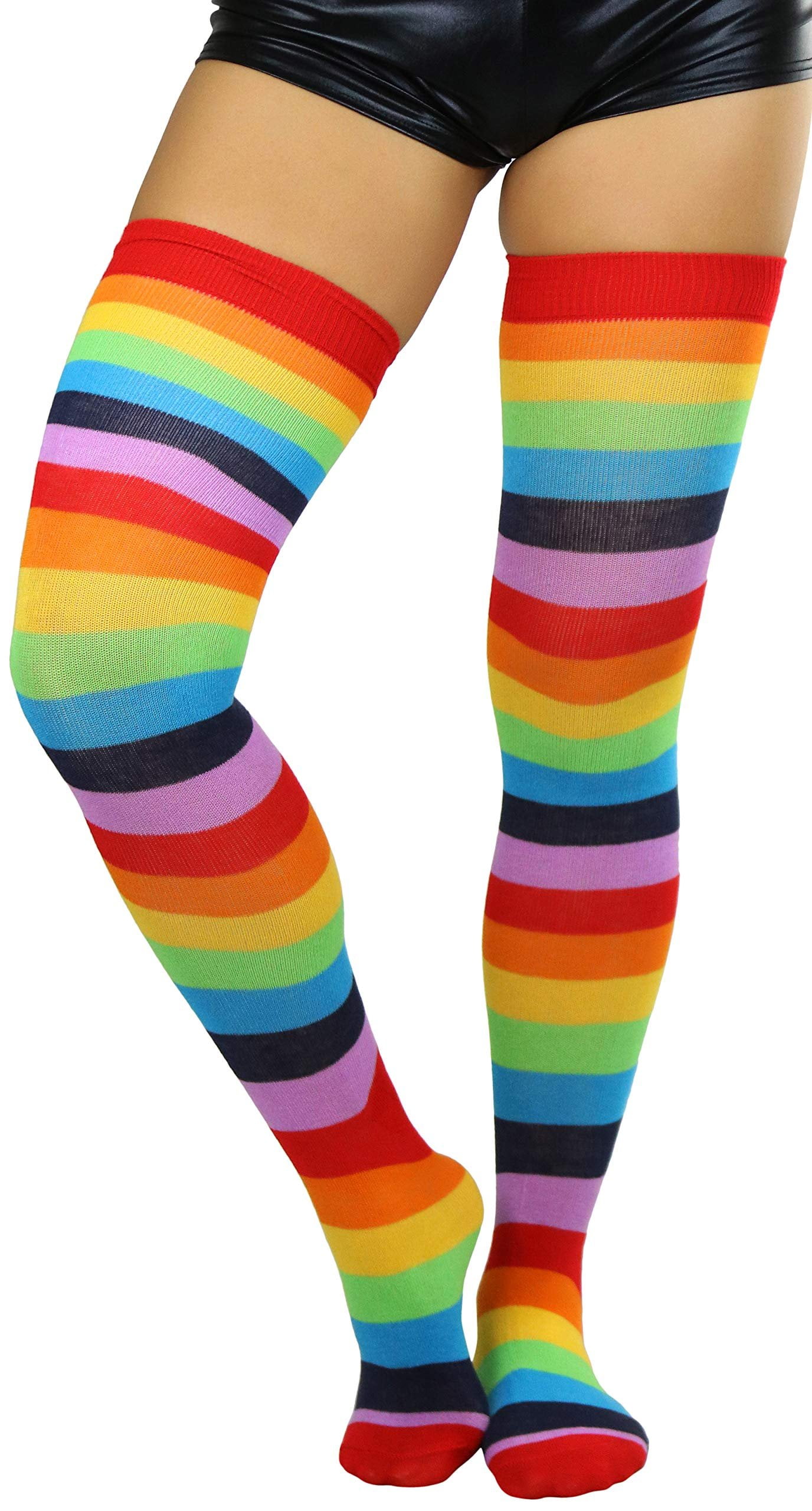 ToBeInStyle Women's Rainbow Striped Acrylic Thigh High - Bright Rainbow ...