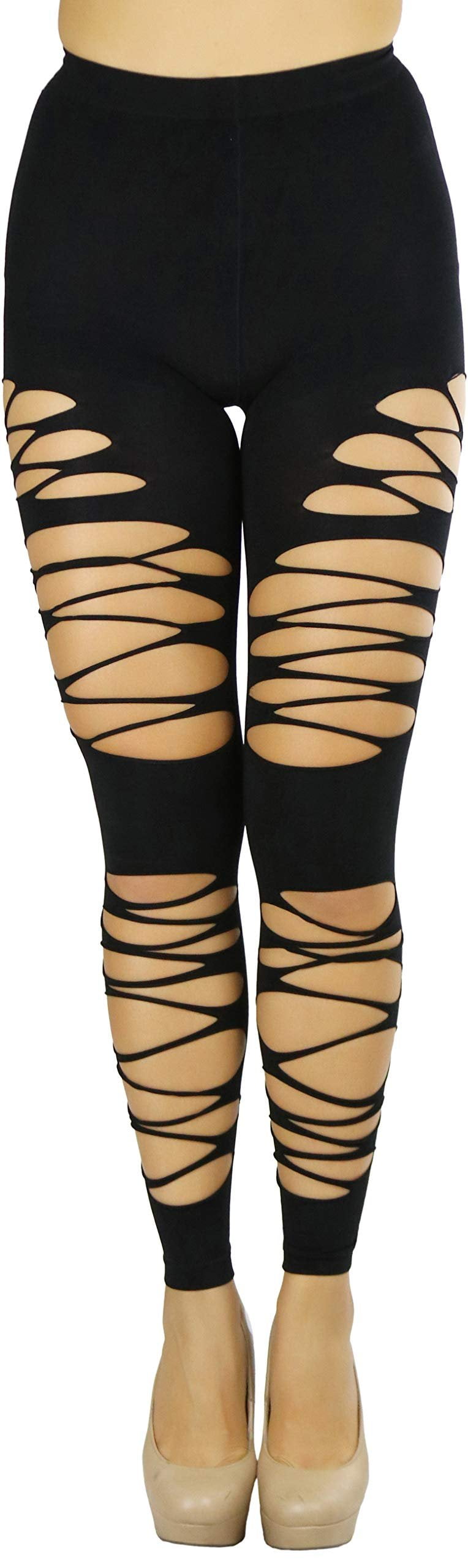ToBeInStyle Women's Slashed Distressed Ripped Footless Tights - Black ...