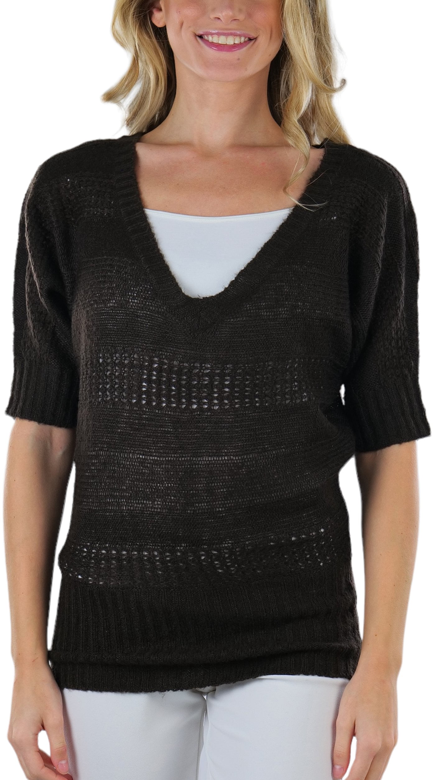 ToBeInStyle Women's Textured Mid-Sleeve V-Neck Cable Knit Sweater ...