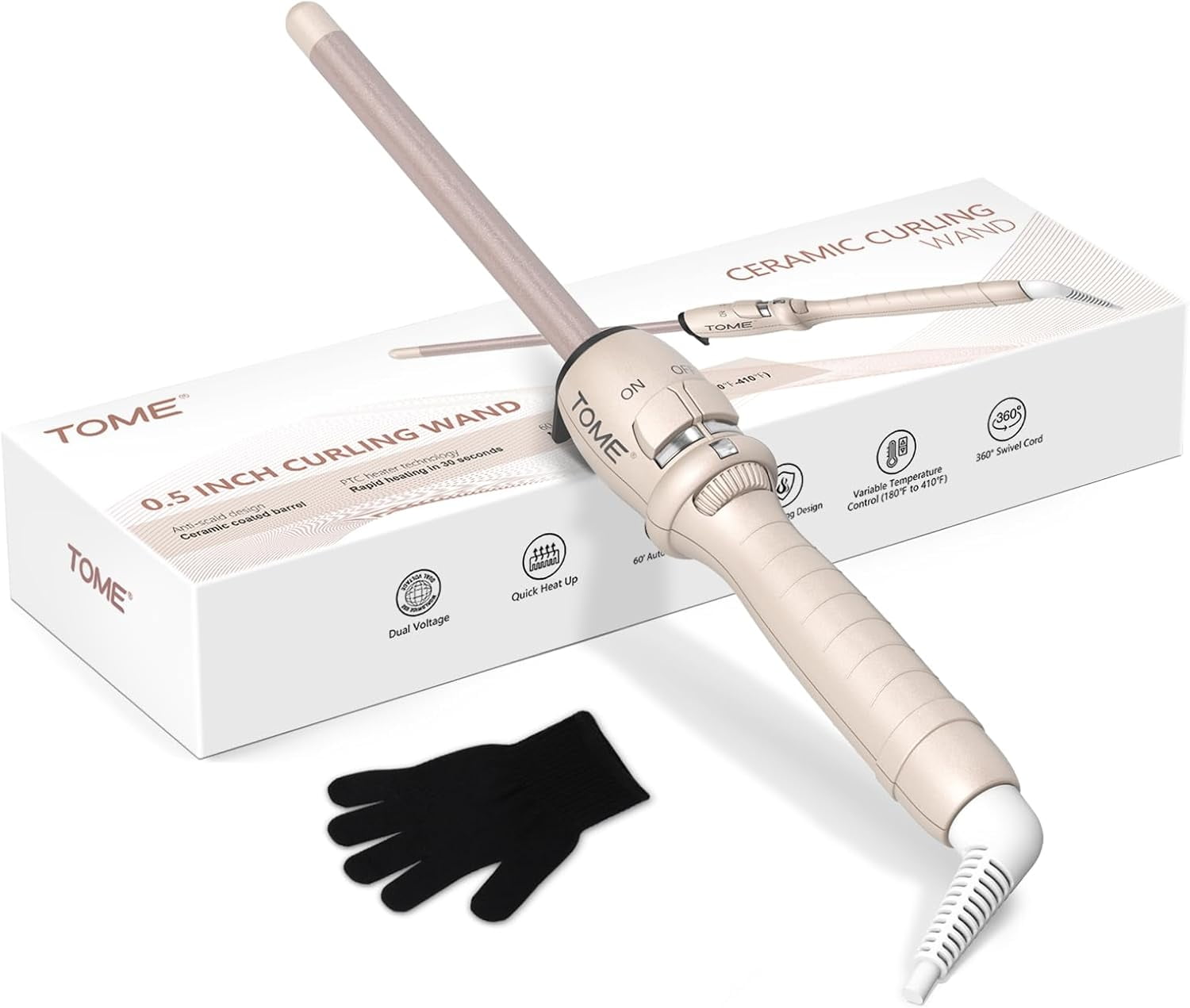 ToMe 1/2 Inch Dual Voltage Hair Curling Wand for Beach Waves, Frizz ...