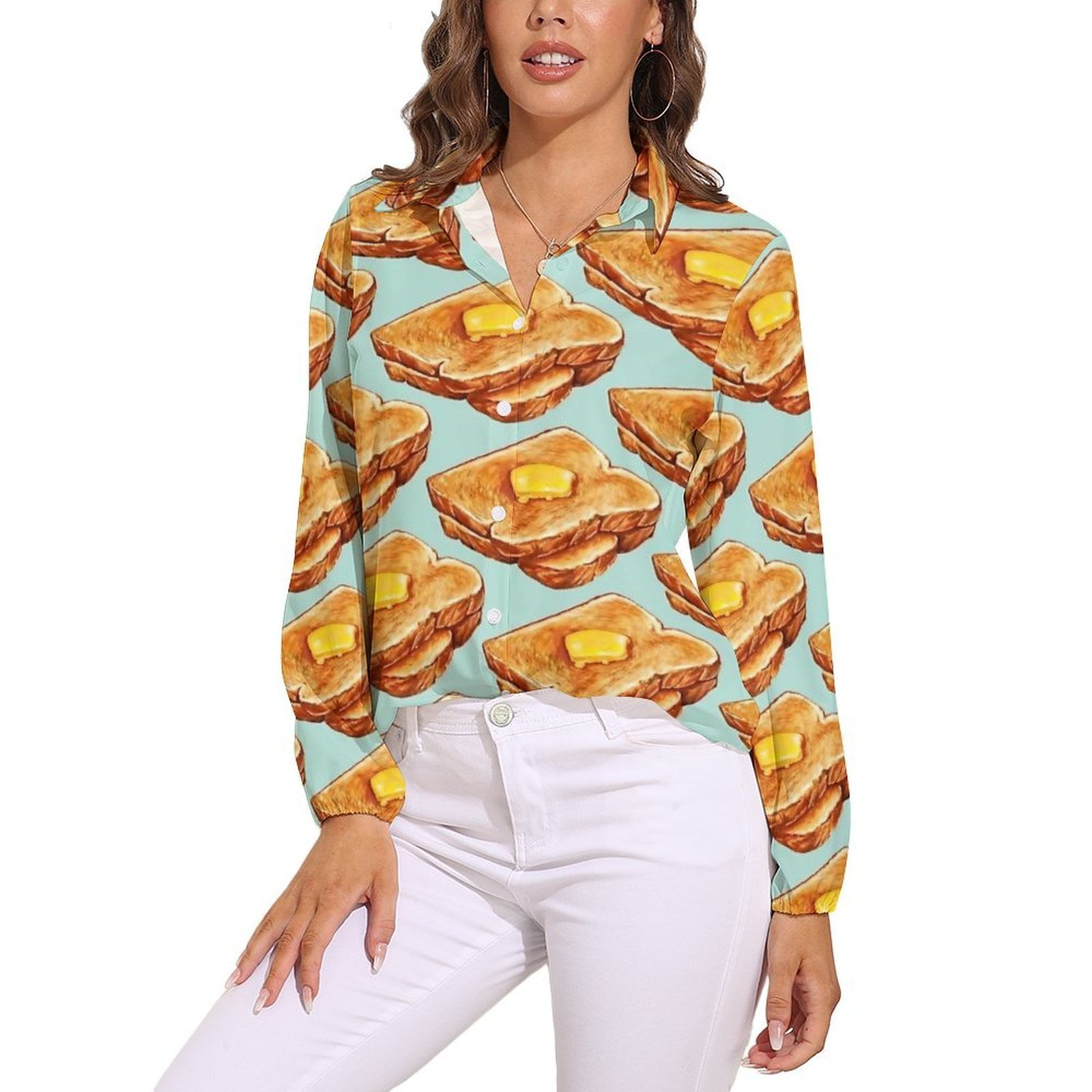 Toast Butter Pattern Vntage Casual Long Sleeve Shirt Blouse Woman ...