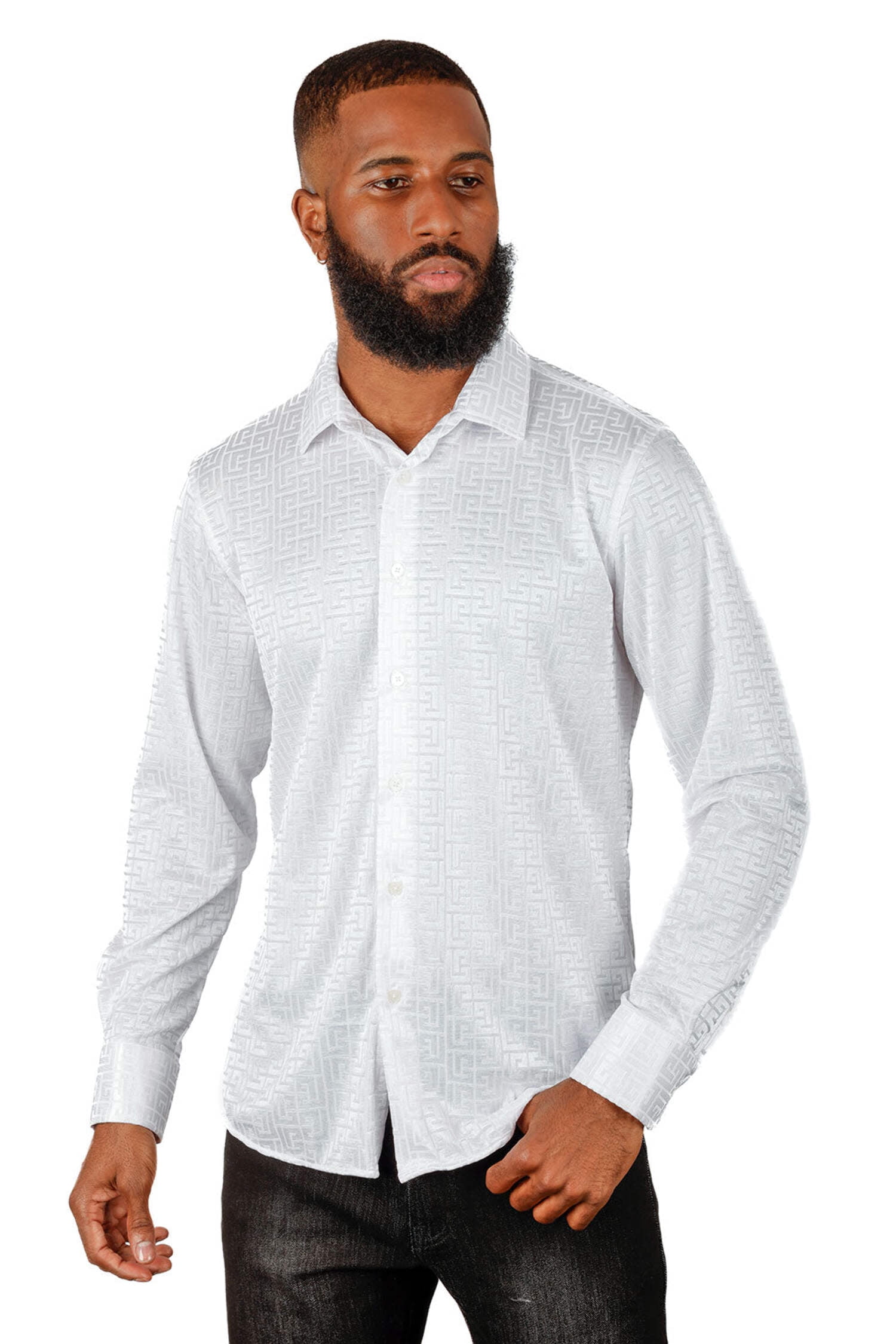 BARABAS Men's Greek Key Pattern Stretch Cotton Long Sleeve Shirts 3B27 ...