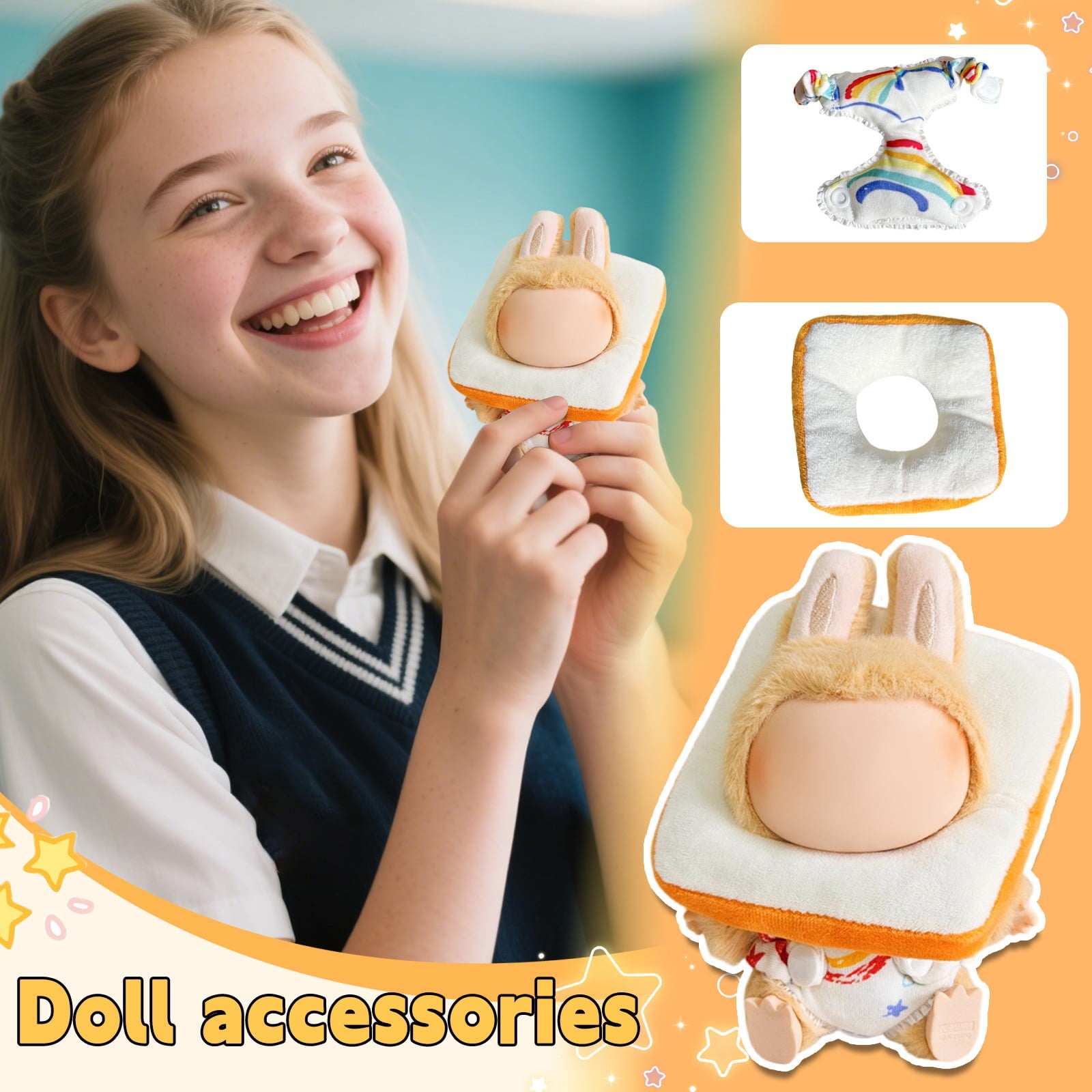 Toast-Shaped Doll Headpiece (17cm) - Cute Plush Bread Hat & Diaper ...