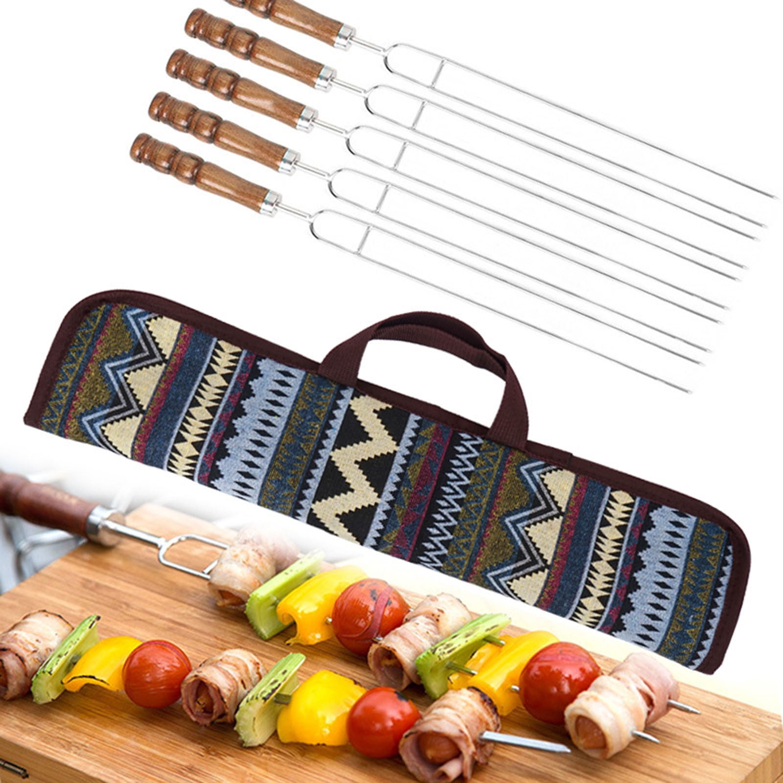 Toast tongs! Outdoor Grill Fork With Storage Bag Stainless Steel Grill Pick Wooden Handle U ...