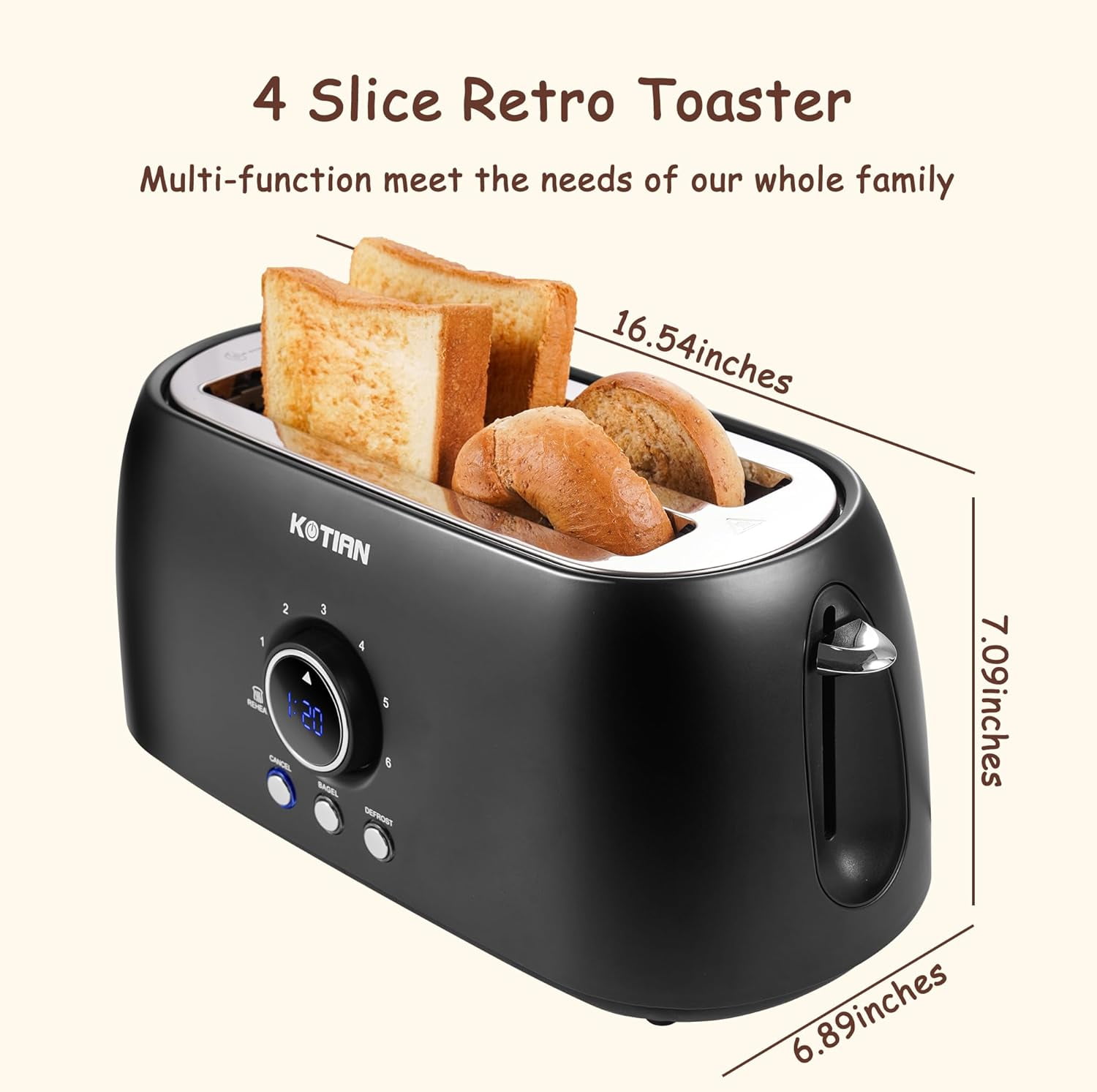 Toaster 4 Slice, Retro Long Slot Toasters with Countdown Timer ...