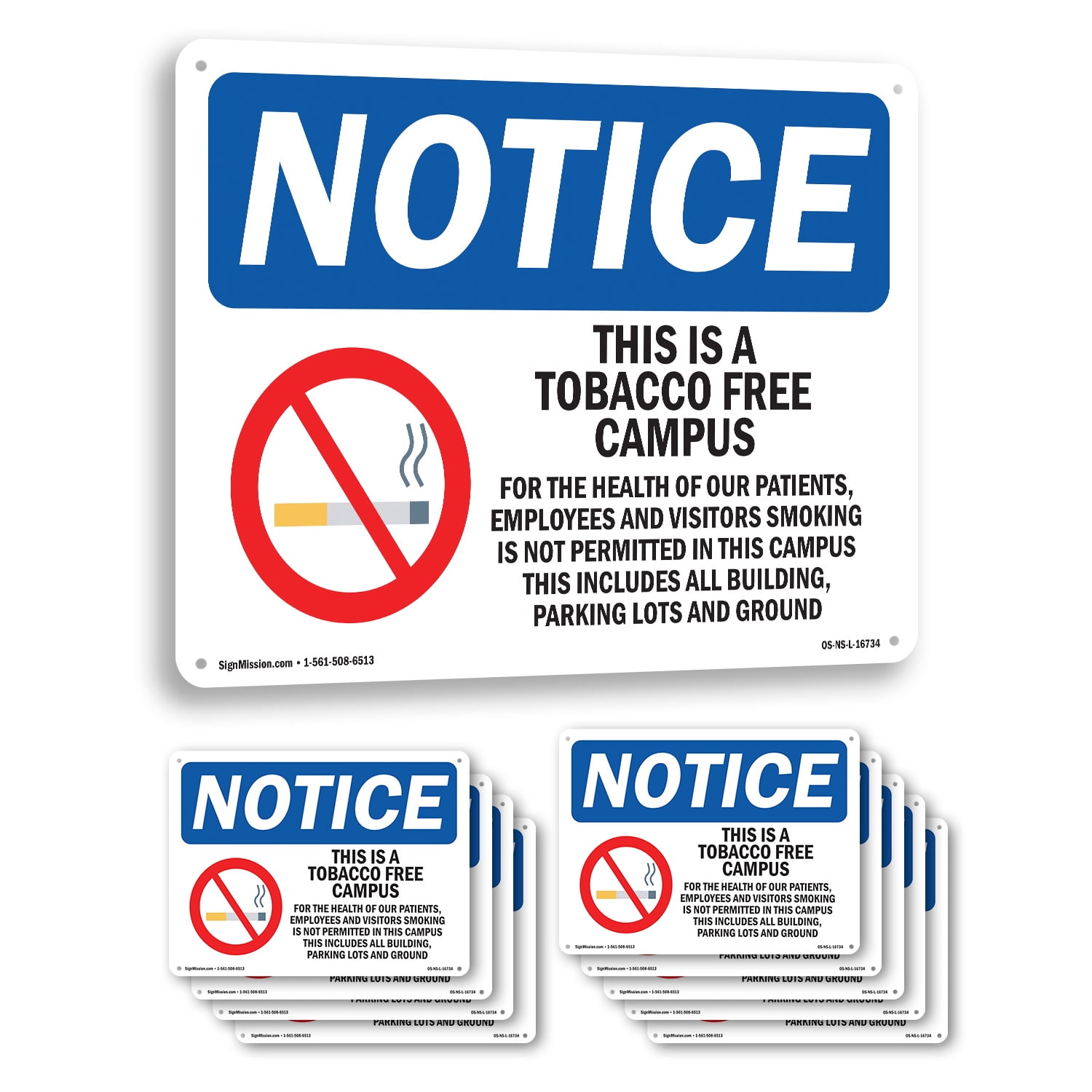 Tobacco Free Campus OSHA Notice Rigid Plastic Sign 18 Inch x 12 Inch ...