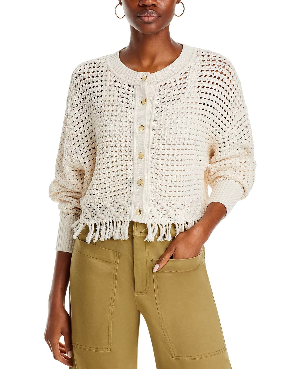 Toccin IVORY Women's Rachel Fringe Hem Cropped Cardigan, US Medium ...