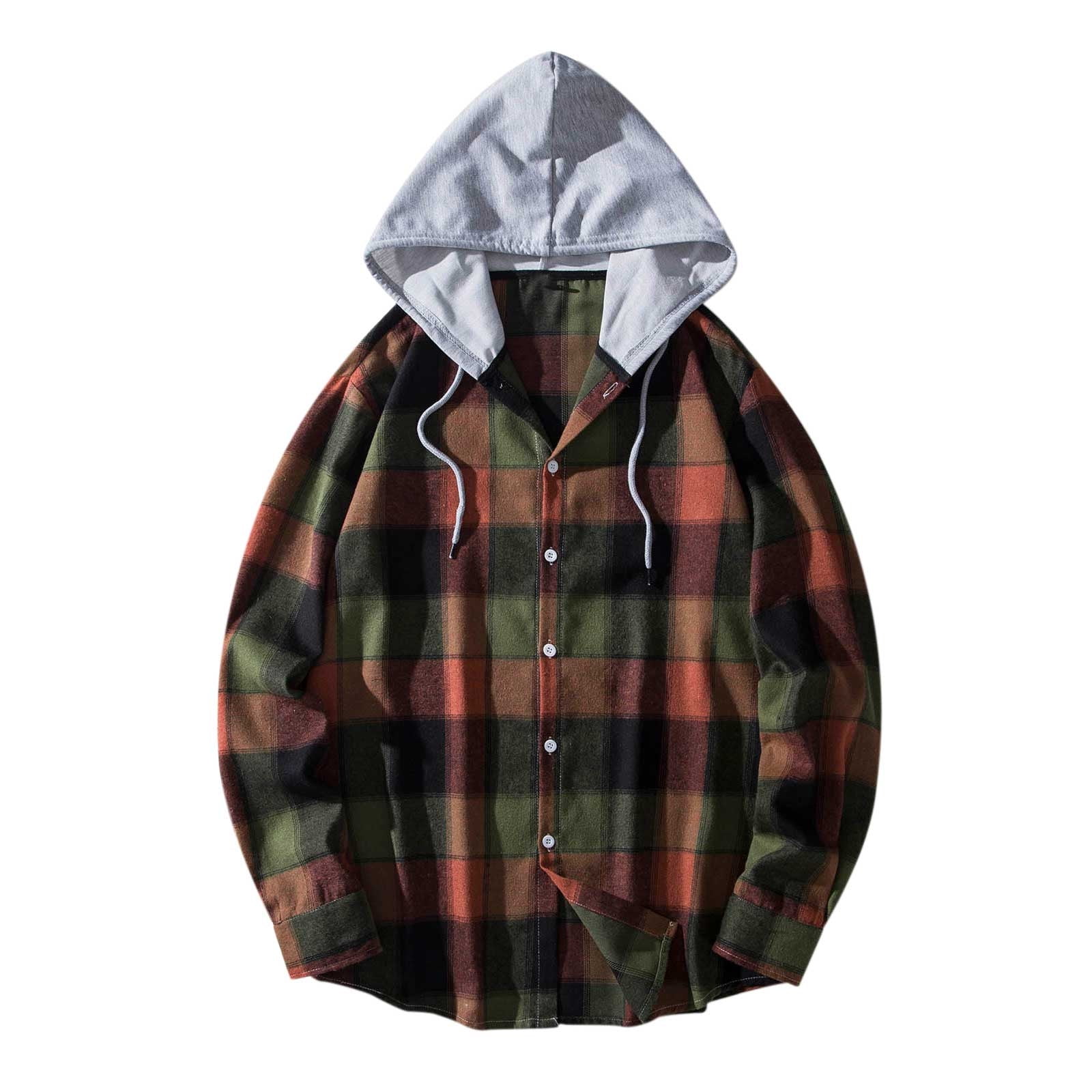 TMOYZQ Mens Flannel Hoodie Drawstring Hooded Plaid Shirts Long Sleeve Casual Button Down Shirts ...