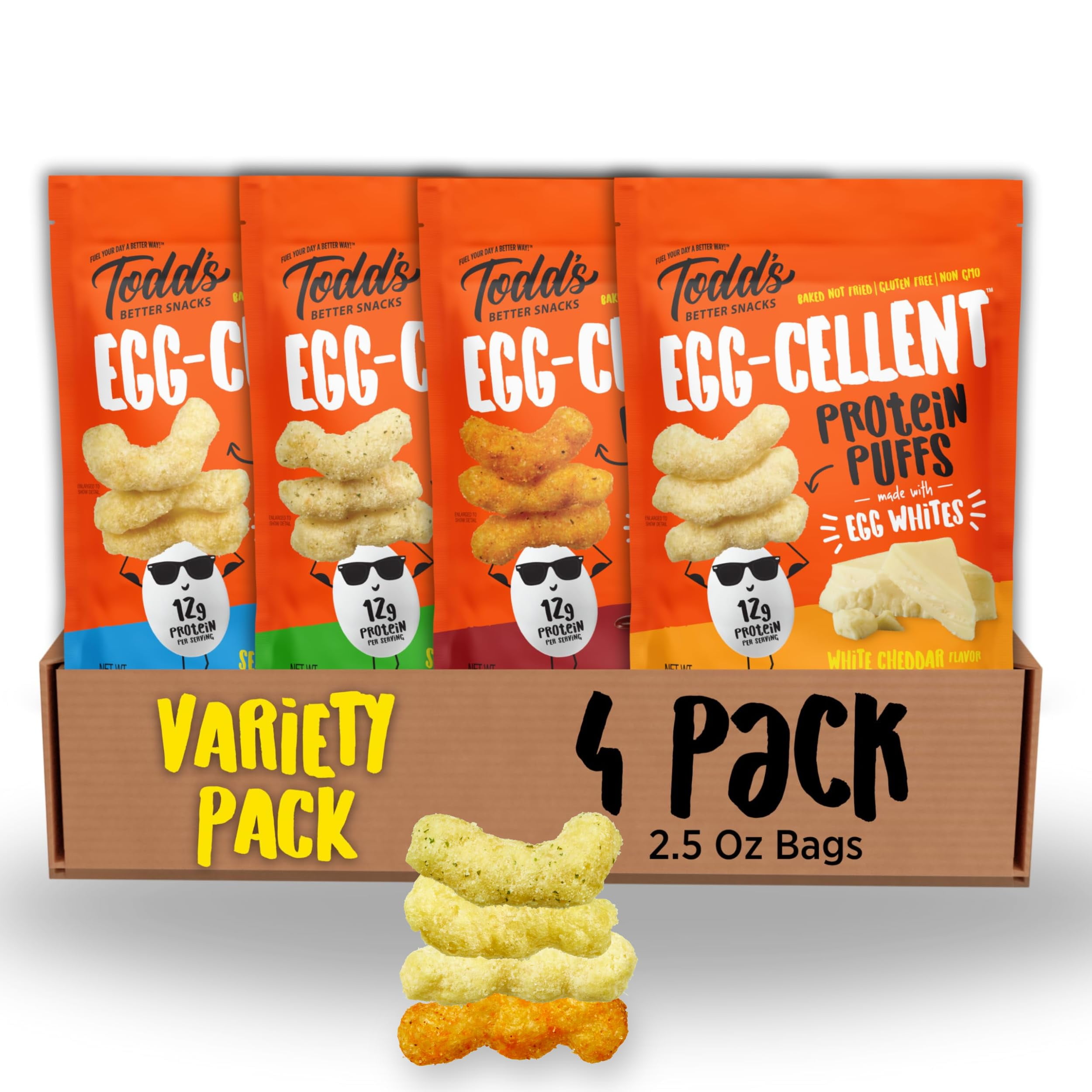 Todd's Better Snacks Egg-Cellent AKF18 Protein Puffs, Variety Pack, 2.5 ...