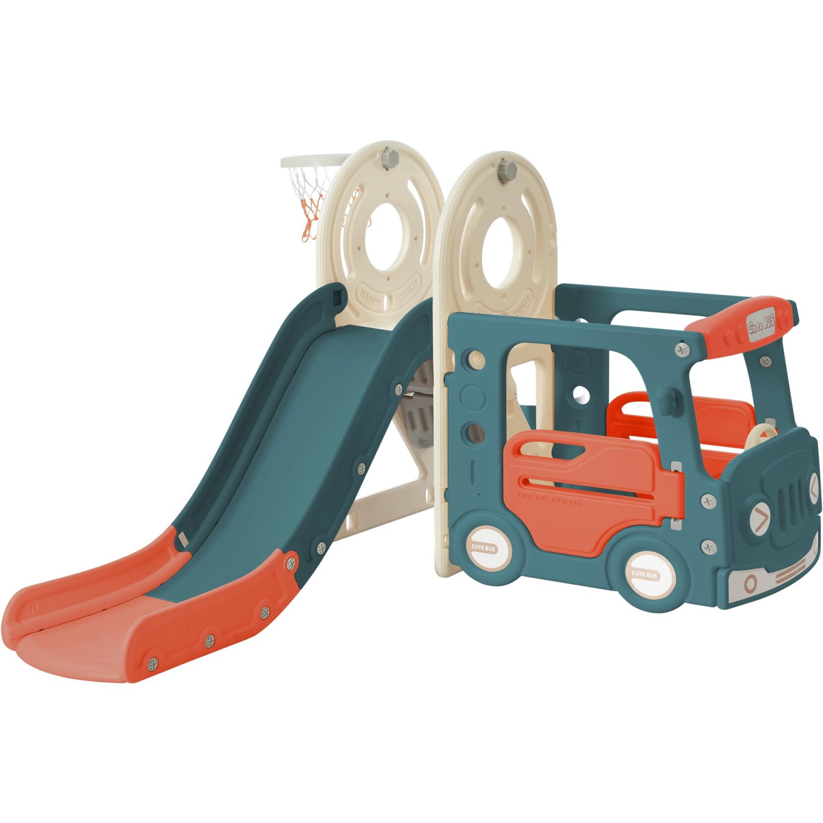 Toddler 4 in 1 Kids Slide with Bus Play Structure, Freestanding Bus Toy ...