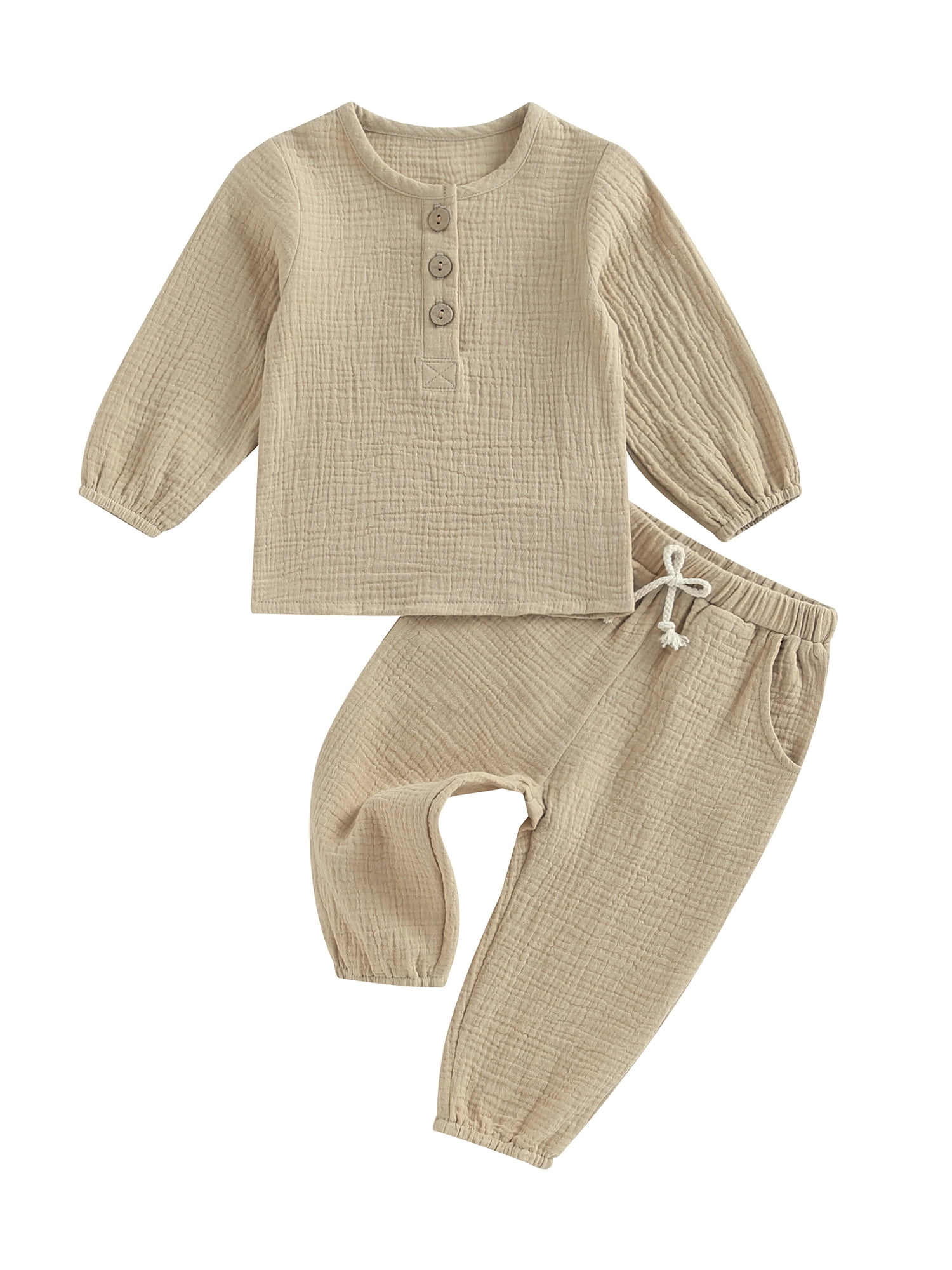 Toddler Baby Boy Girl Clothes Set Cotton Linen Outfit Solid Color Long Sleeve Button Tops ...
