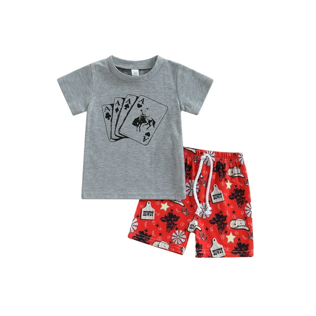 Toddler Baby Boy Western Clothes Short Sleeve Cow Print T-Shirt Tops Jogger Shorts Set Cowboy ...