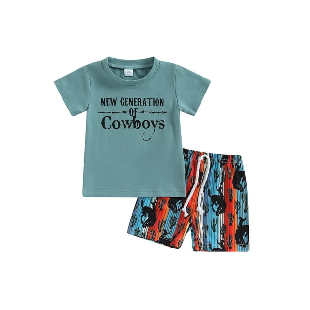 Toddler Baby Boy Western Clothes Short Sleeve Cow Print T-Shirt Tops Jogger Shorts Set Cowboy ...
