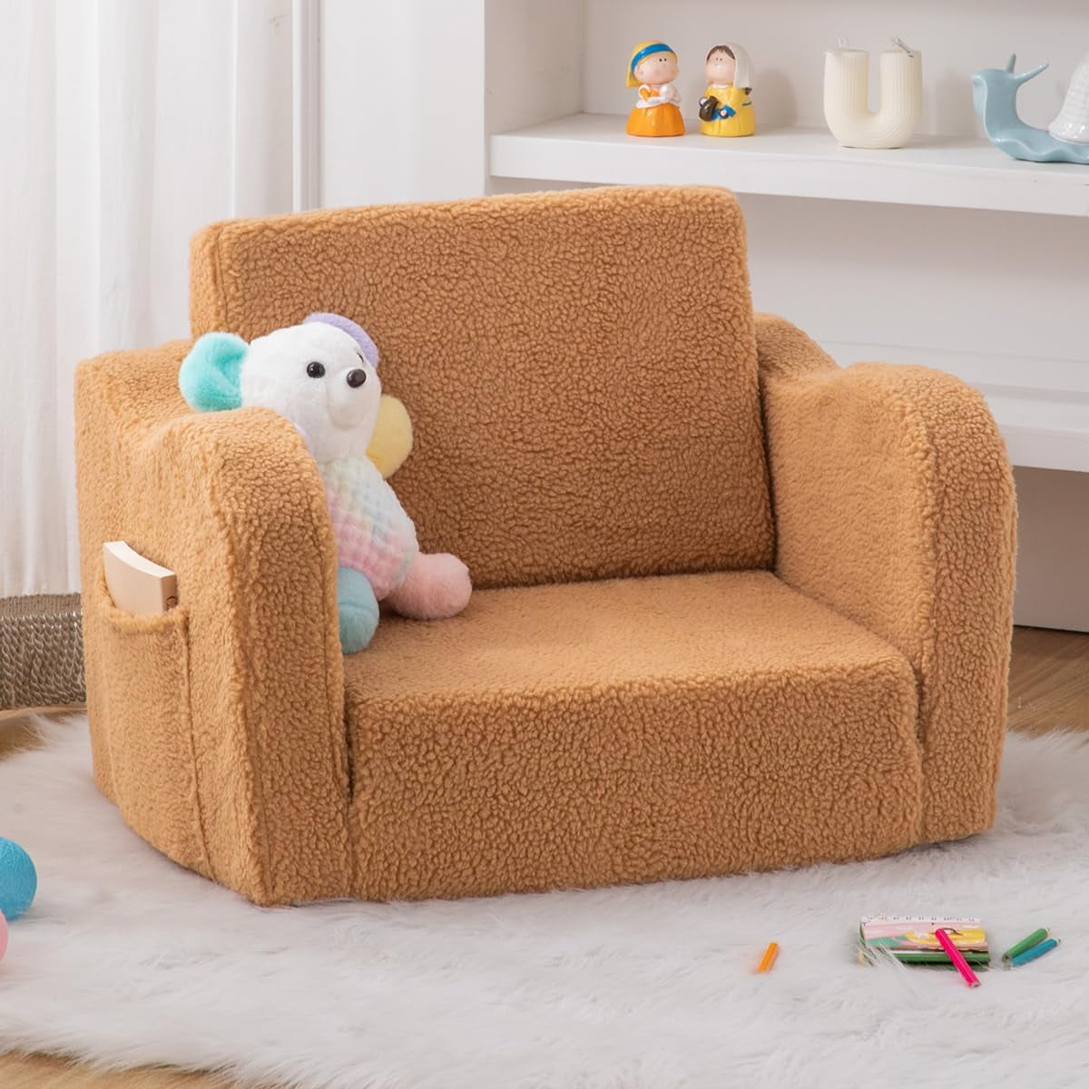 Toddler Baby Chair Couch Sofa Kids Foldable 2-in-1 Sherpa Fold Out ...
