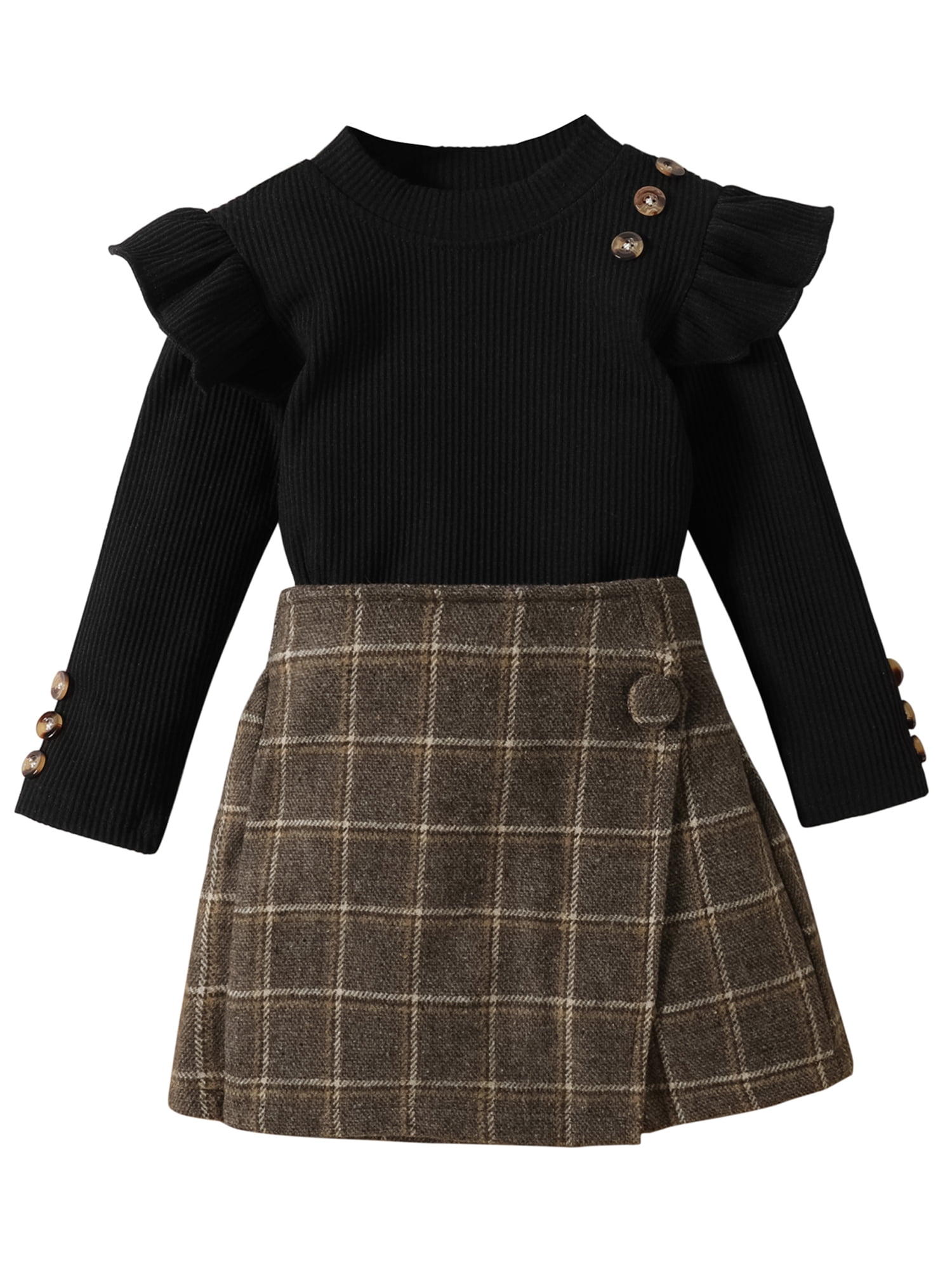 Toddler Baby Girl 2 Piece Outfit Ruffles Long Sleeve Shirt and Plaid ...