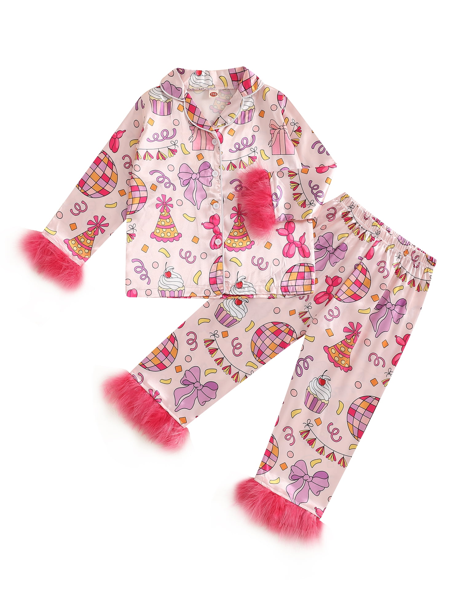 Toddler Baby Girl 2Pcs Birthday Pajamas Fur Trim Long Sleeve Print ...