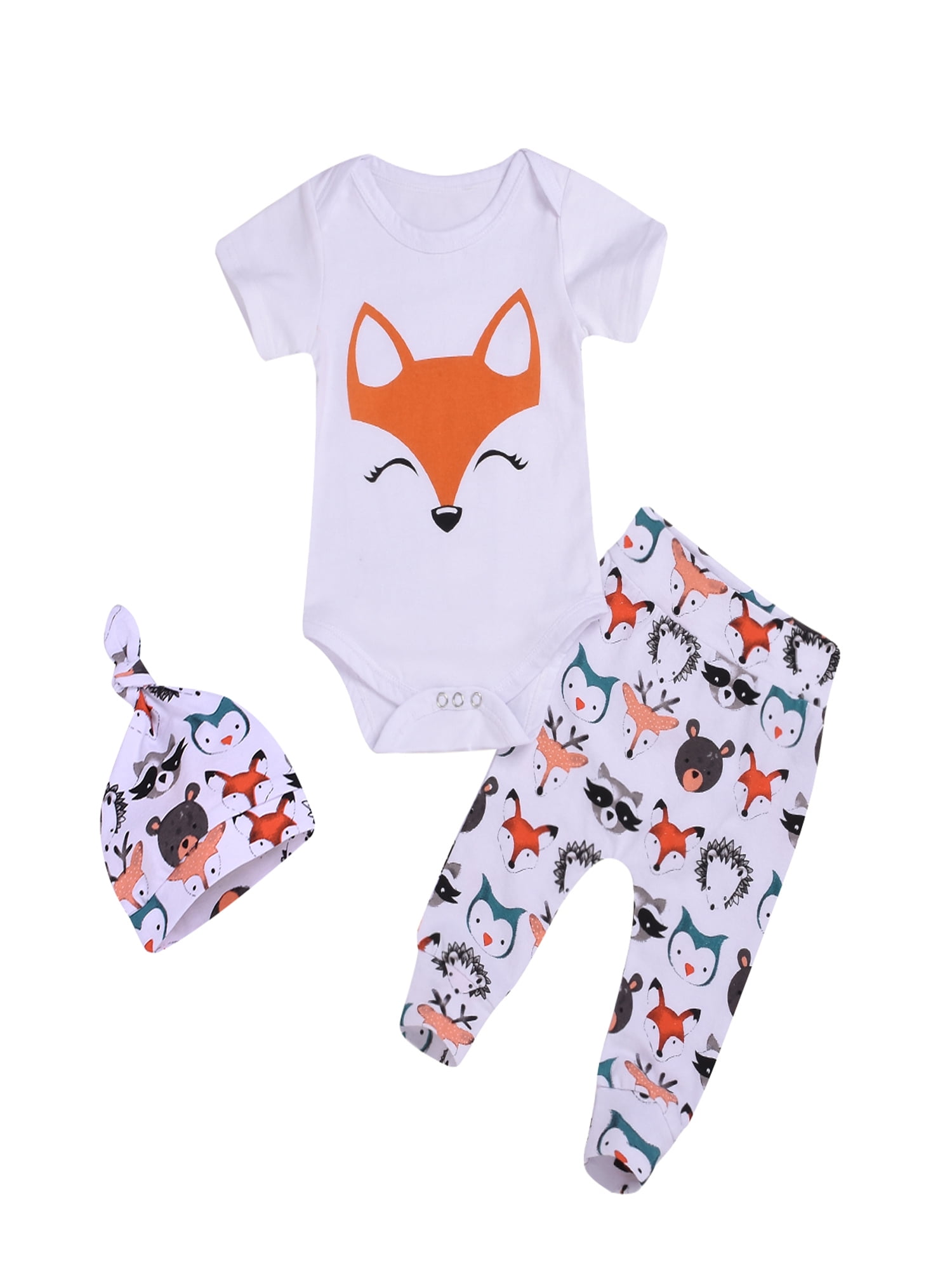 Toddler Baby Girl Boy Infant Clothes Fox Print Tops Romper Pants Hat ...
