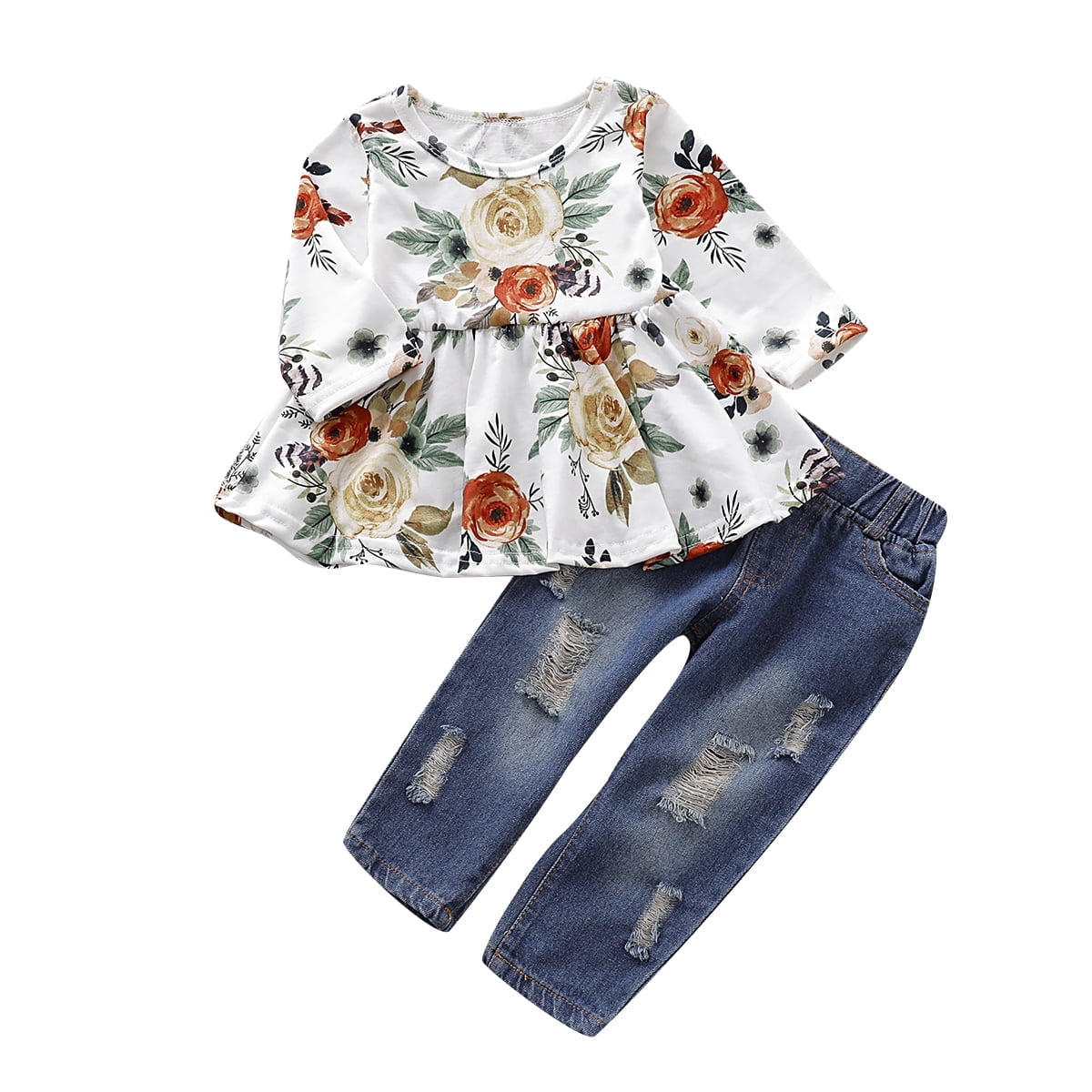 Toddler Baby Girl Floral Top & Jeans Outfit Set, Long Sleeve, Round ...