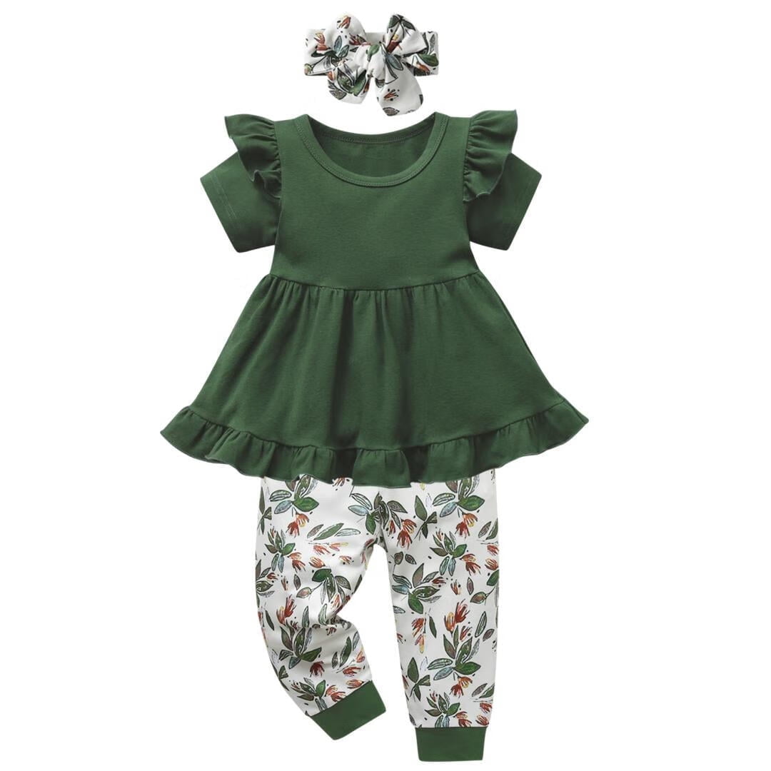 Toddler Baby Girl Clothes Solid Color Short Sleeve Ruffle Tops Pants Headband Outfits Set (2-3T ...