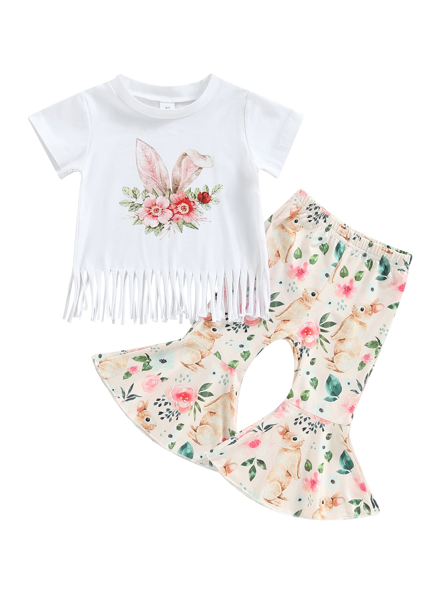 Toddler Baby Girl Easter Day Outfits Short Sleeve Rabbit Print Tassel T ...