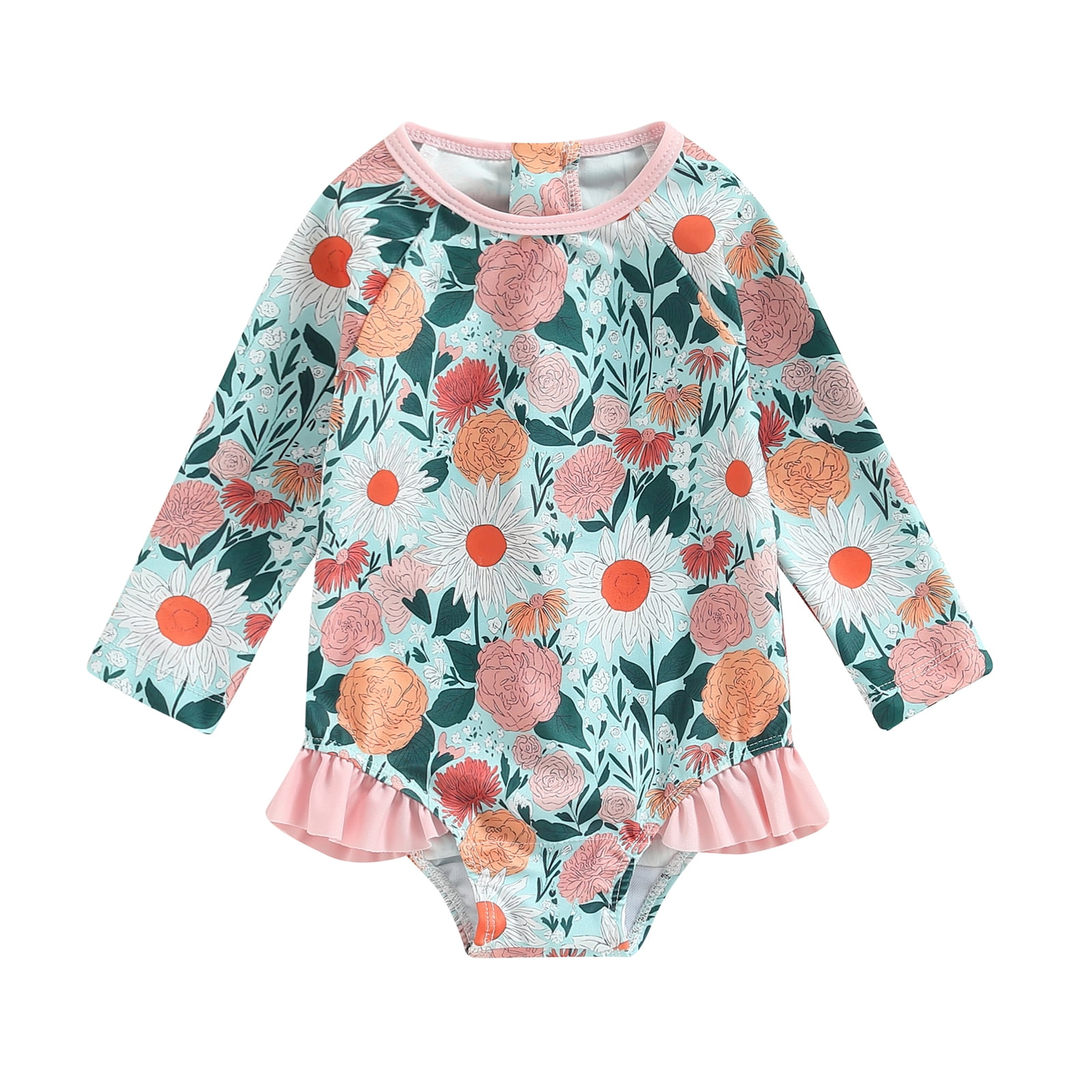 Toddler Baby Girl Jumpsuit Swimsuit, Flower Print Long Sleeve Round Neck Ruffle One Piece Bikini ...