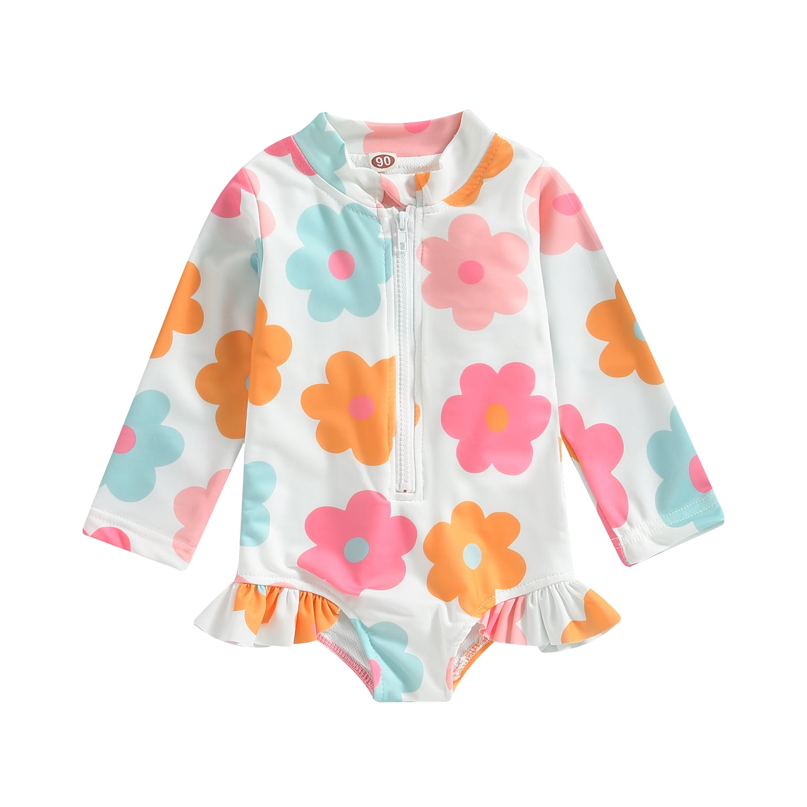 Toddler Baby Girl One-Piece Swimsuit Floral Print Long Sleeve Zipper ...