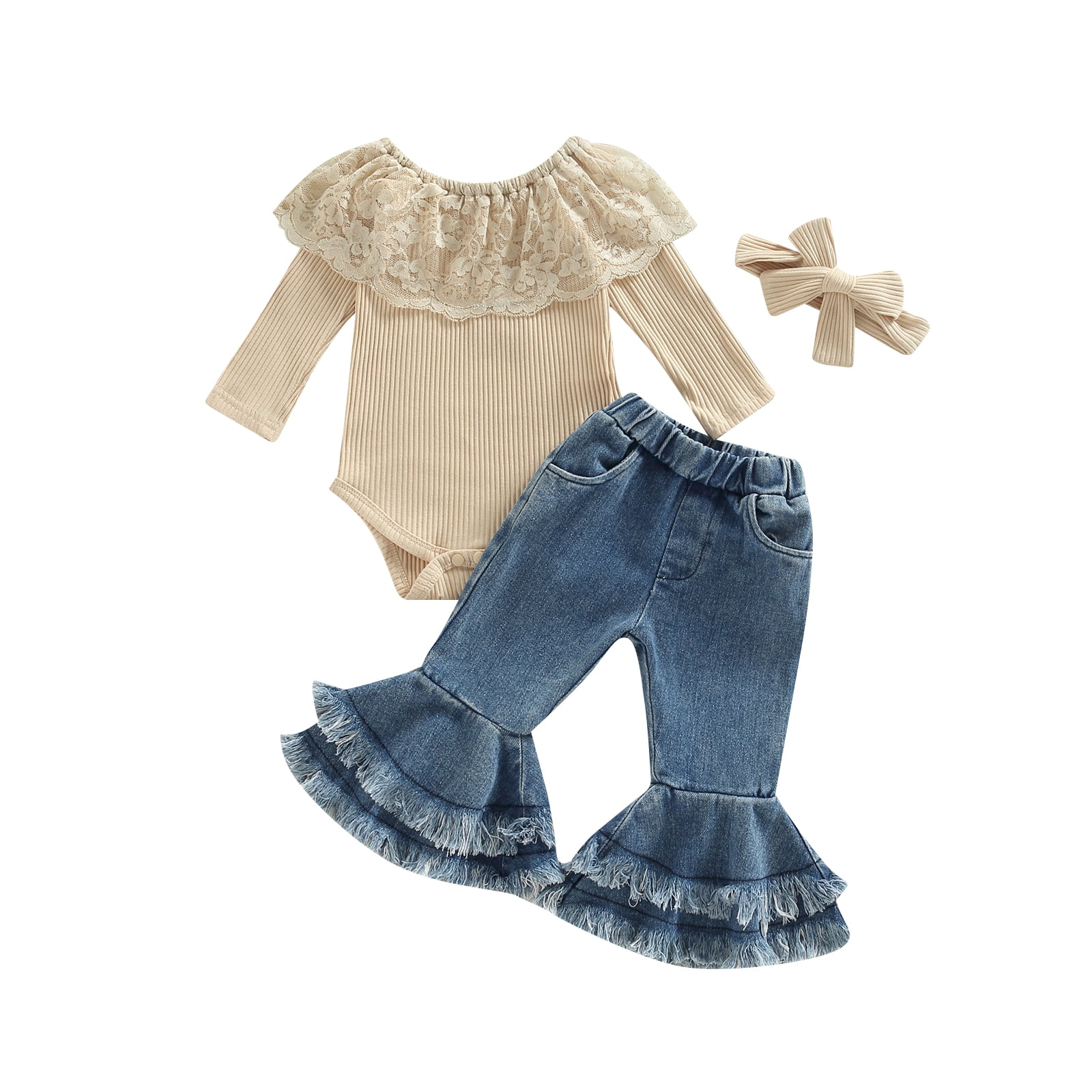 Toddler Baby Girl Outfit Infant Girl Solid Clothes Lace Top Flare Pant ...