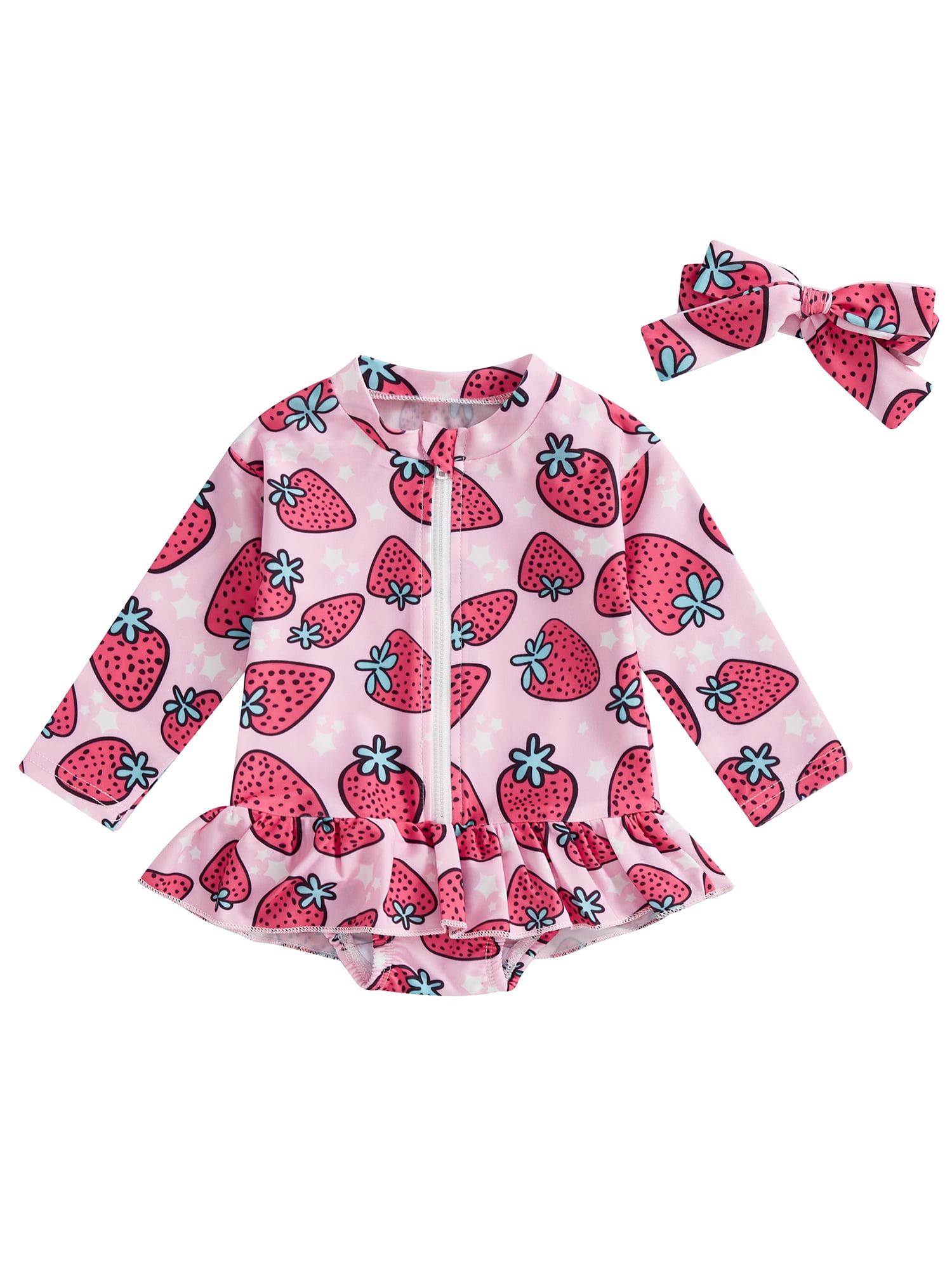 Toddler Baby Girl Rash Guard Long Sleeve Strawberry Print One Piece Swimsuit Bathing Suit with ...