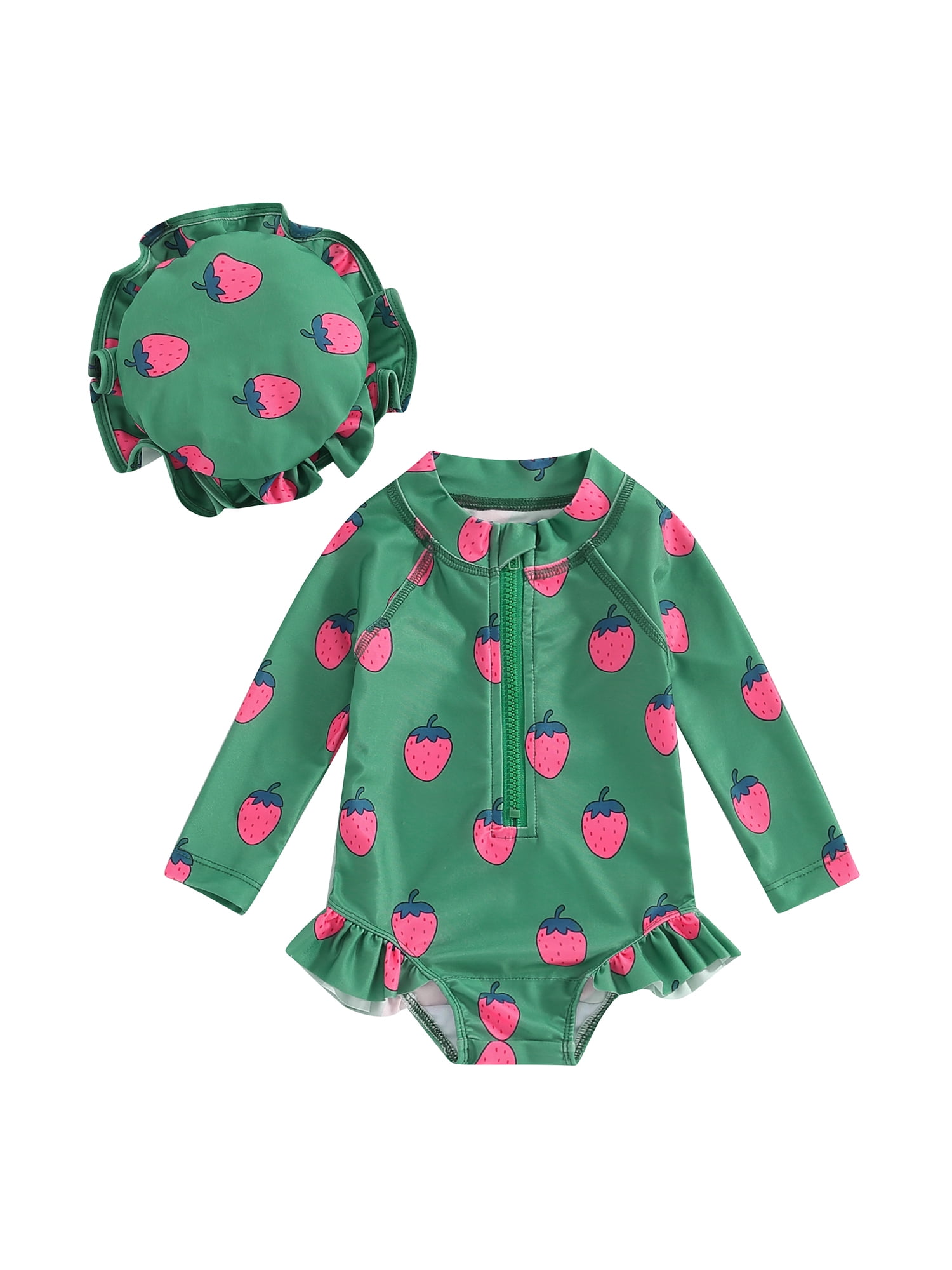 Toddler Baby Girl Rash Guard Strawberry Print Long Sleeve Ruffle Swimsuit Zipper Bathing Suit ...