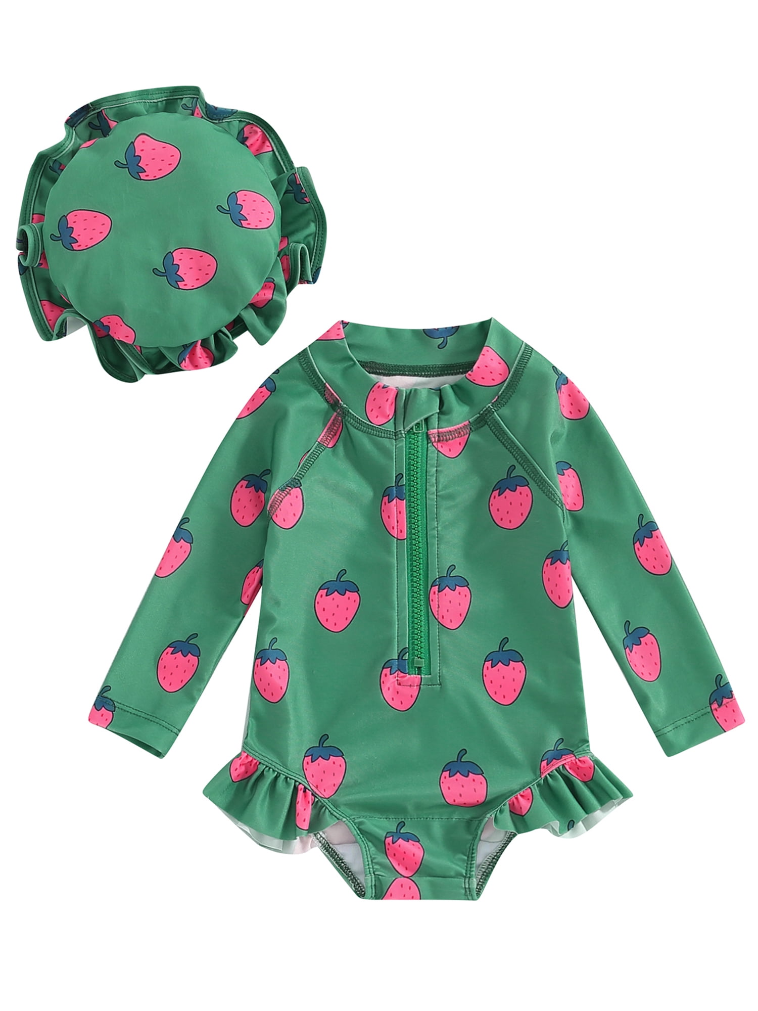 Toddler Baby Girl Rash Guard Strawberry Print Long Sleeve Ruffle Swimsuit Zipper Bathing Suit ...