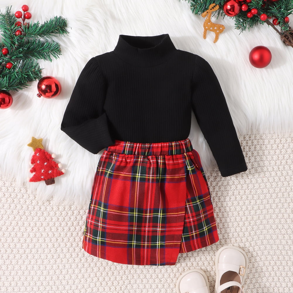Toddler Baby Girl Skirt Outfit Long Sleeve Shirt Tops Plaid Culottes ...