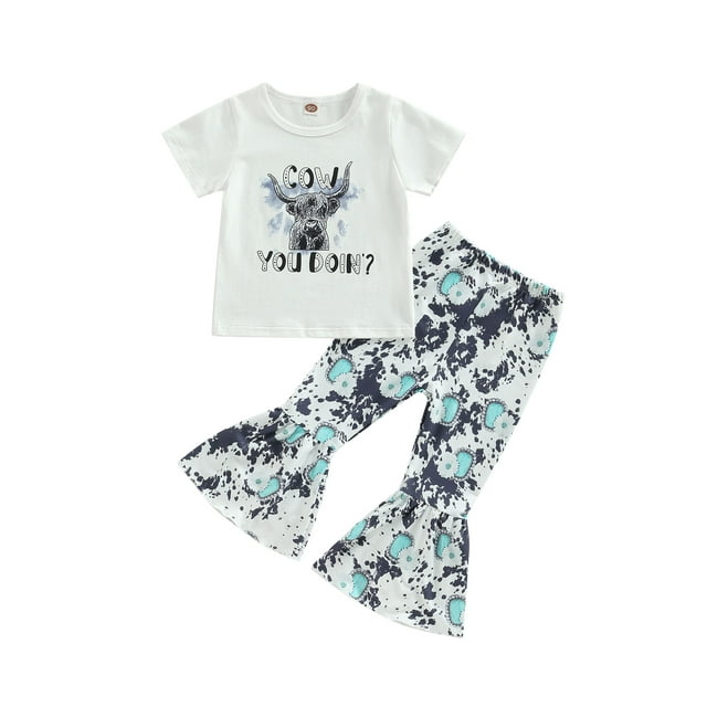 Toddler Baby Girl Summer Clothes - Short Sleeve Cow Print T-shirt Bell Bottom Pants Western Baby ...