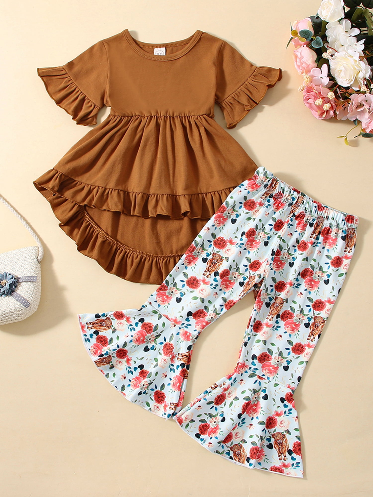 Toddler Baby Girl Summer Outfits Short Sleeve Ruffle Tops Floral Flare ...
