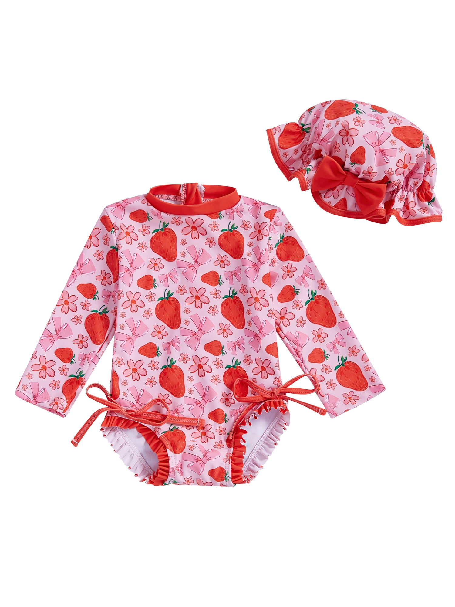 Toddler Baby Girl Swimsuit Ice Cream/Flower/Strawberry Print Long Sleeve Zipped Bikini Hat ...