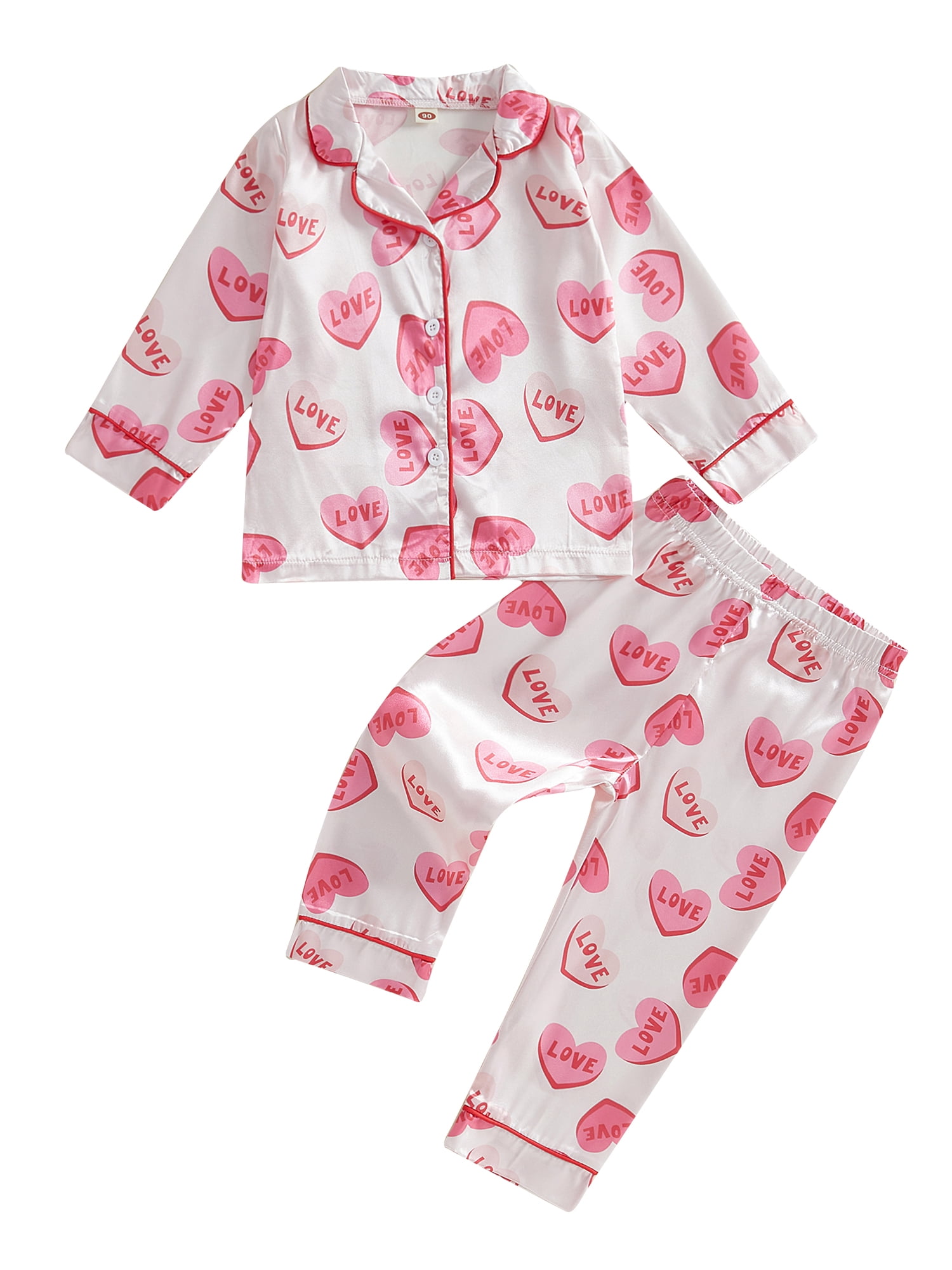 Toddler Baby Girls 2PCS Pajama Sets Long Sleeve Lapel Button Bow Heart Shirt Pants Kids ...