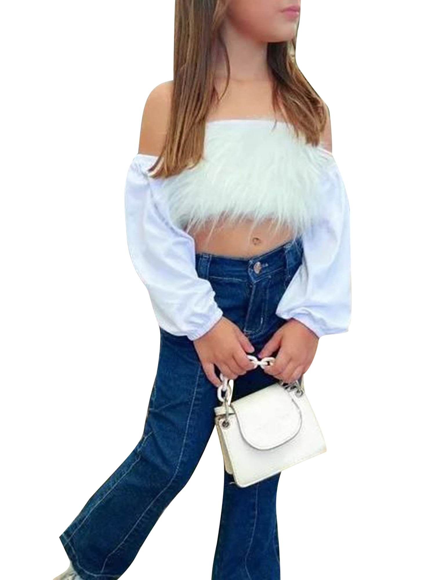 Toddler Baby Girls 2Pcs Set,Kids Faux Fur Fuzzy OffShoulder Crop Top ...