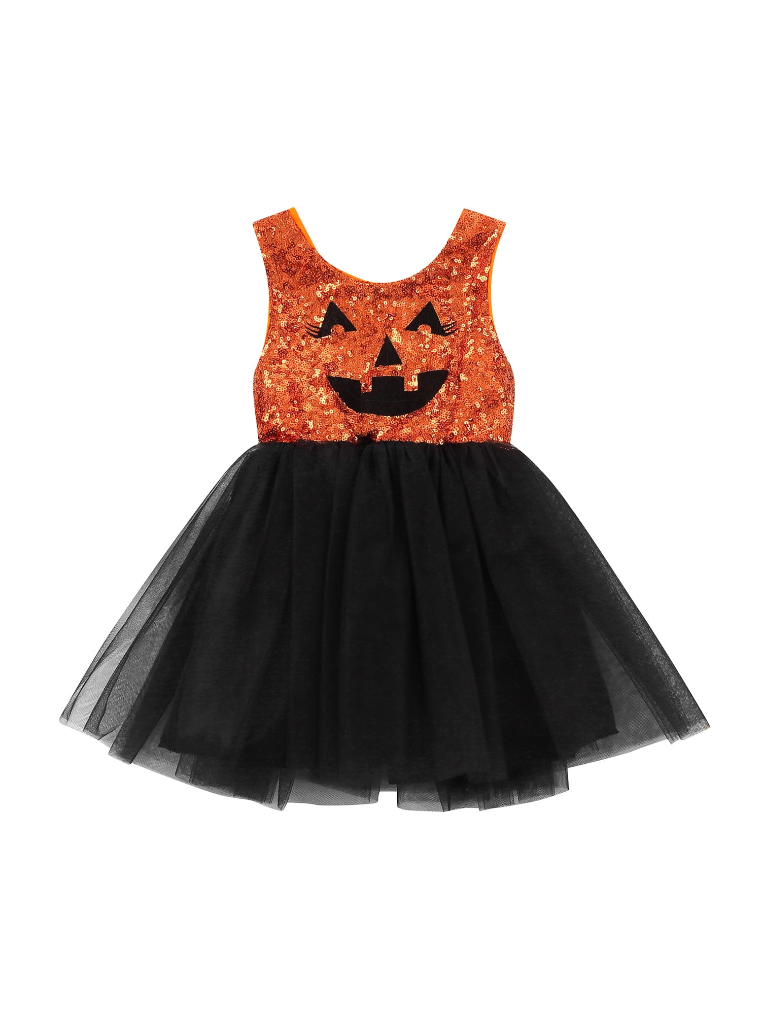 Toddler Baby Girls Halloween Outfits Dress Kids Sleeveless Sequin Pumpkin Face Tulle Tutu One ...