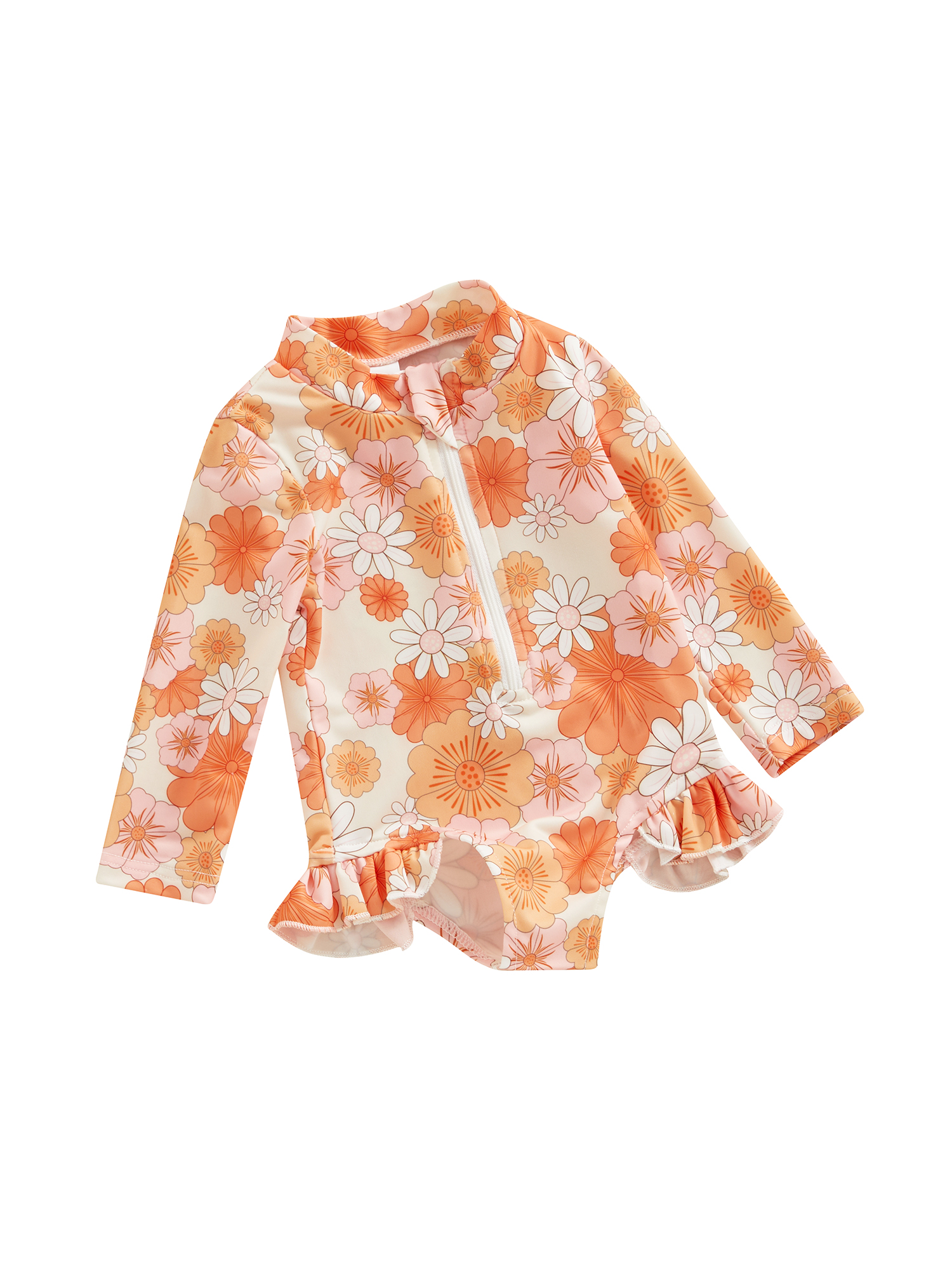 Toddler Baby Girls Rash Guard Rompers Flower/Shell/Flamingo Print Long Sleeve One Piece Ruffles ...