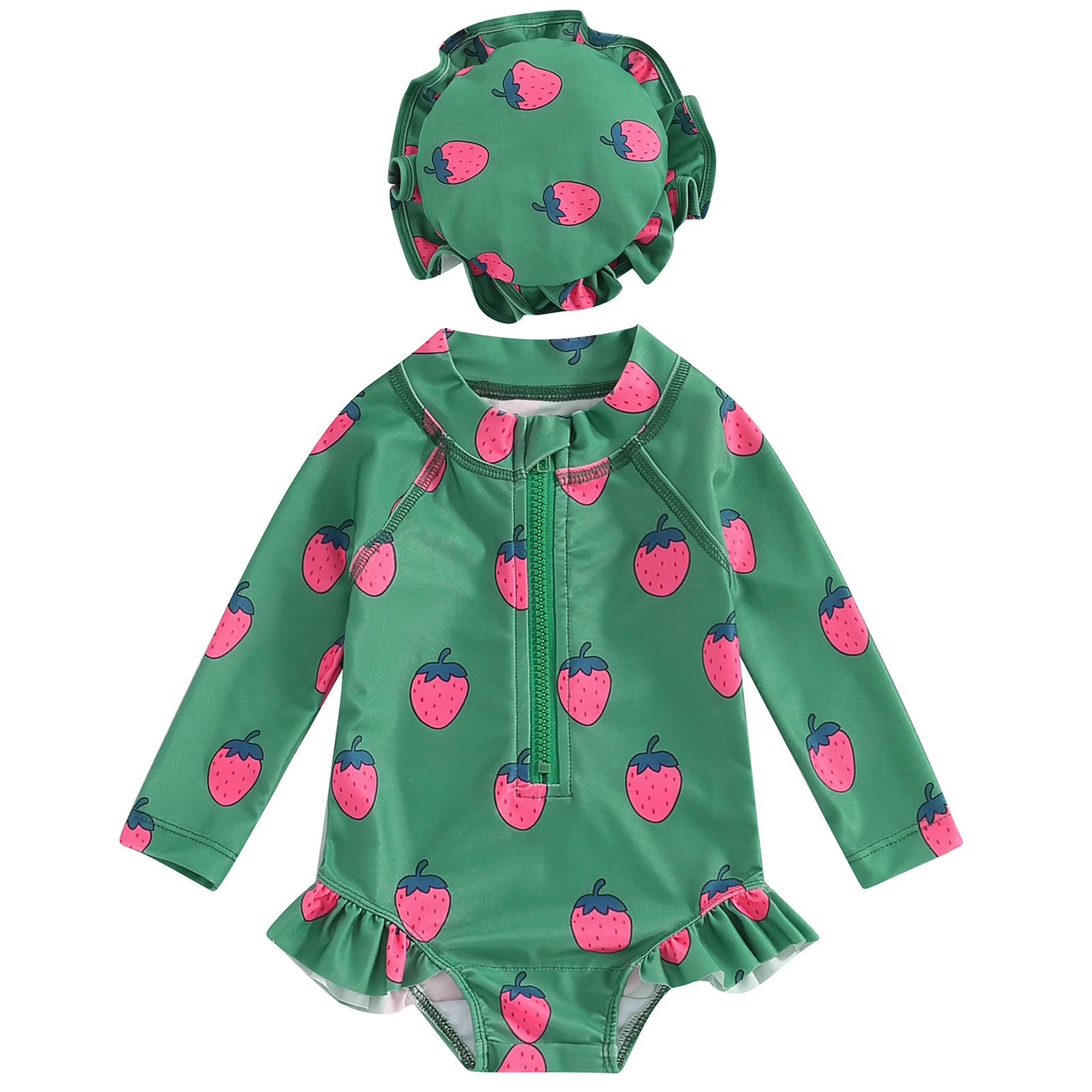 Toddler Baby Girls Rash Guard Strawberry Print Long Sleeve Ruffle Swimsuit Zipper Bathing Suit ...