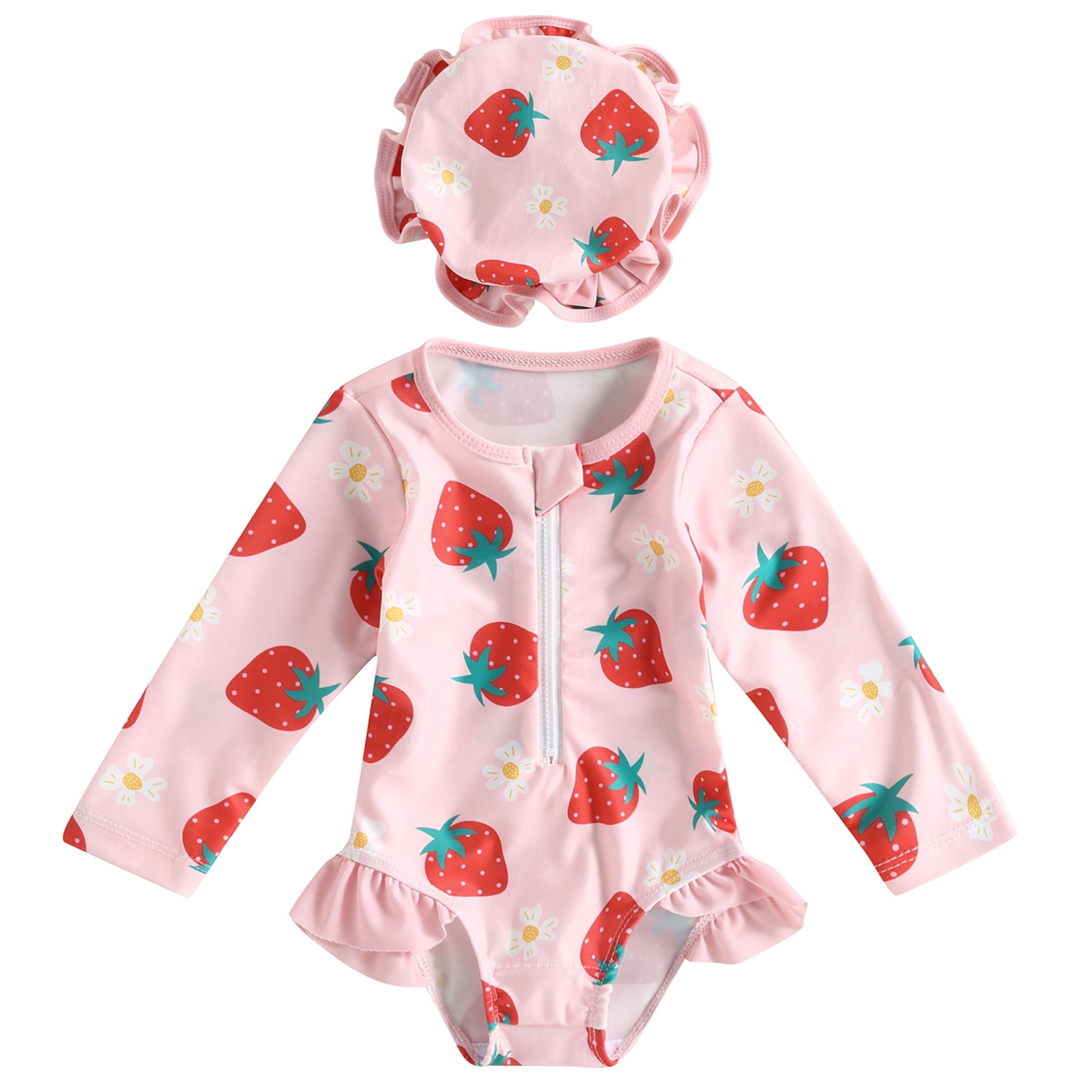 Toddler Baby Girls Rash Guard Swimsuit Long Sleeve Strawberry Print Bathing Suit Sun Hat ...