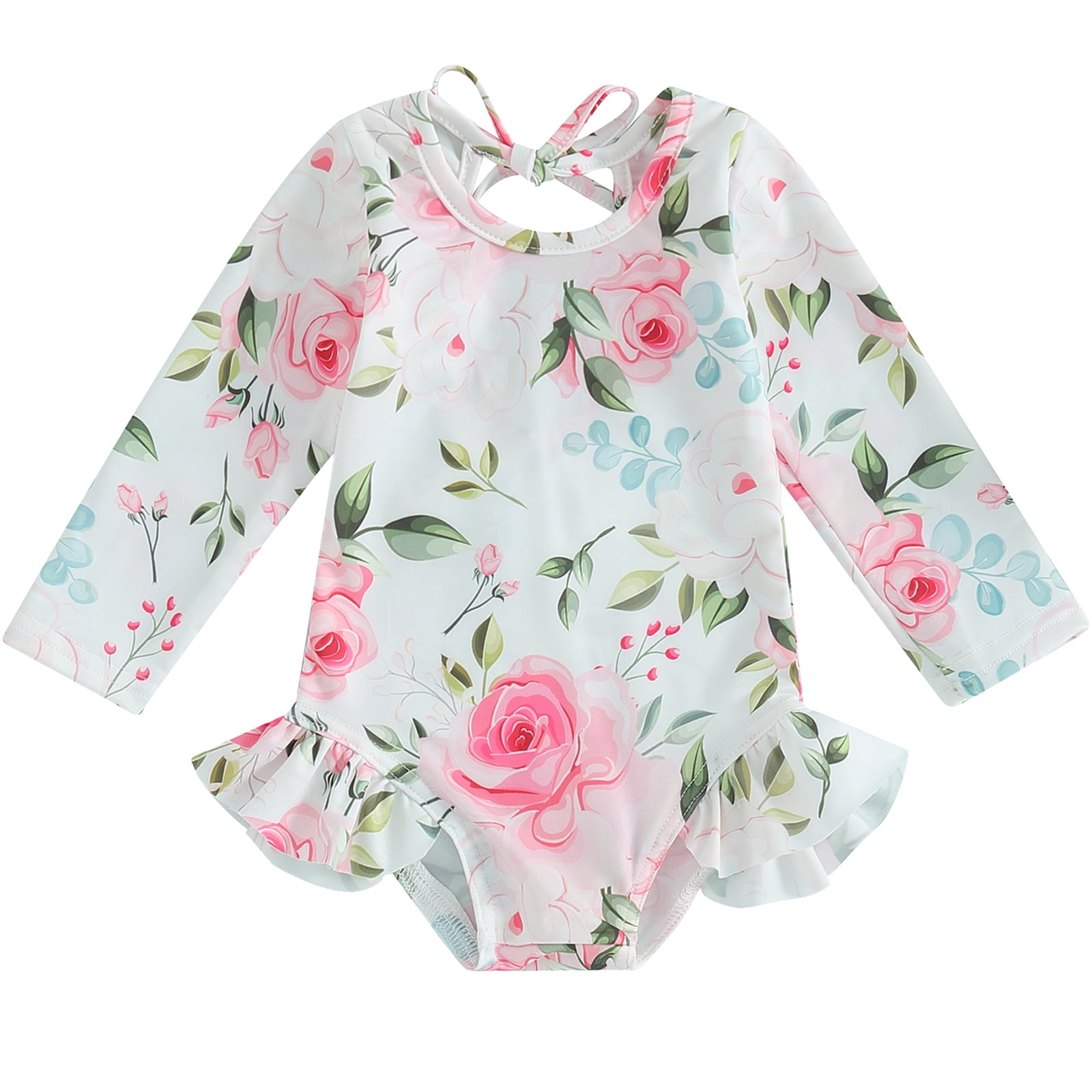 Toddler Baby Girls Rash Guard Swimsuit Rompers Long Sleeve Floral/Cartoon Print Kids Ruffles ...